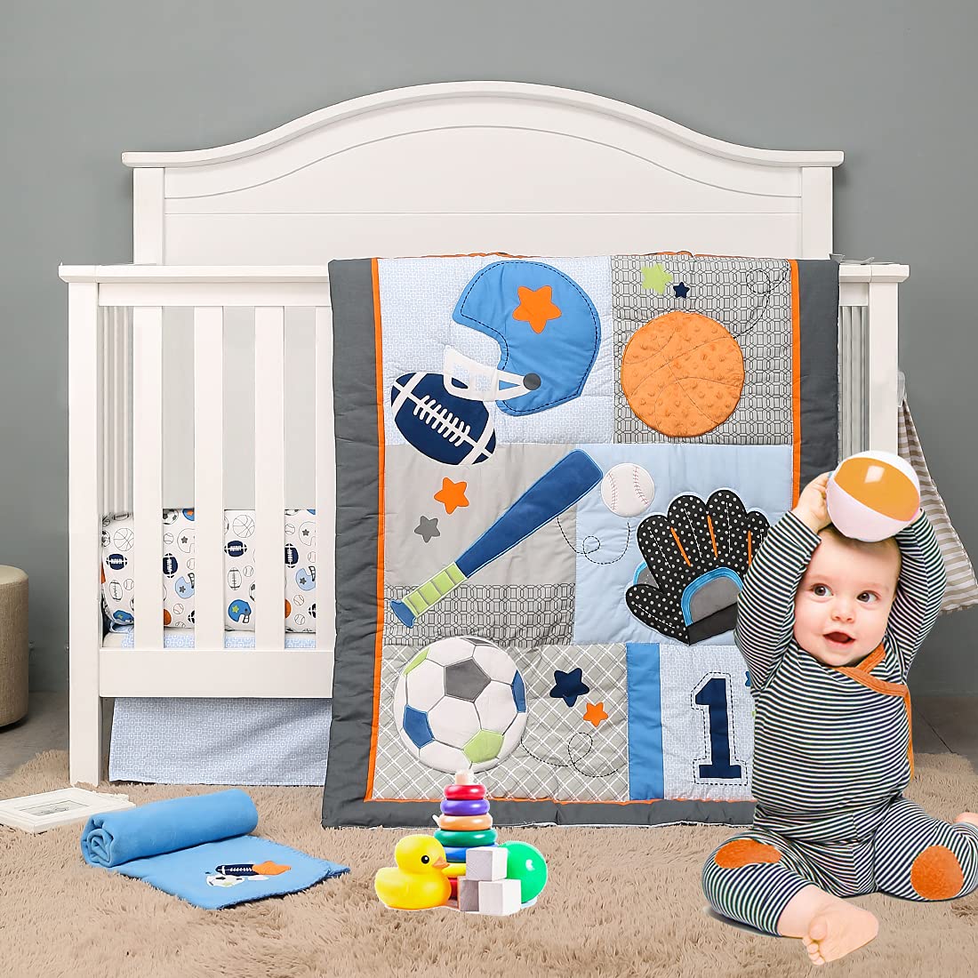 Brandream Sport Baby Crib Bedding Sets - No.1 Champ Ball Theme Boys Nursery Set | 3-Piece Nursery Set | Baby Quilt, Fitted Crib Sheet, Dust Ruffled Included - Blue & Grey