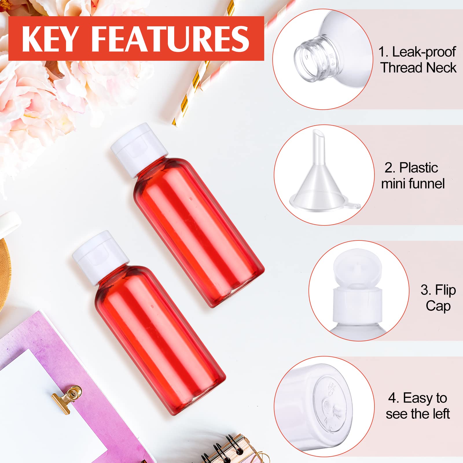 100 Pack 2 oz Travel Bottles Plastic Bottles with Lids Travel Size Cover Cap Plastic Travel Size Bottles Refillable Dispensing Bottles with 5 Funnels Liquid Lotion for Travel(Clear)