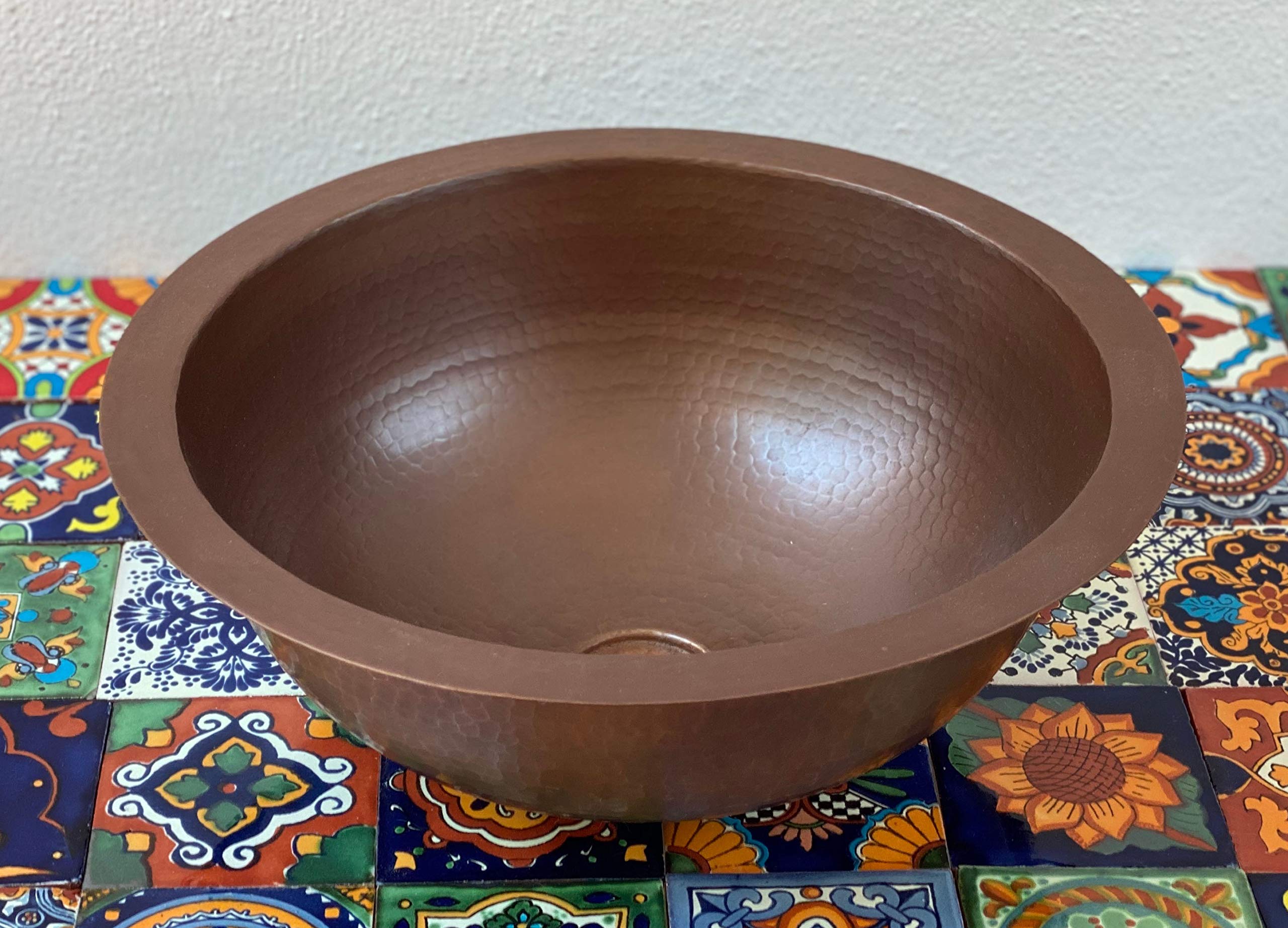 15" Round Copper Bathroom Sink Mexican Copper Bath Sink Pure Copper Hand Hammered Dual Mount Brown CPS06