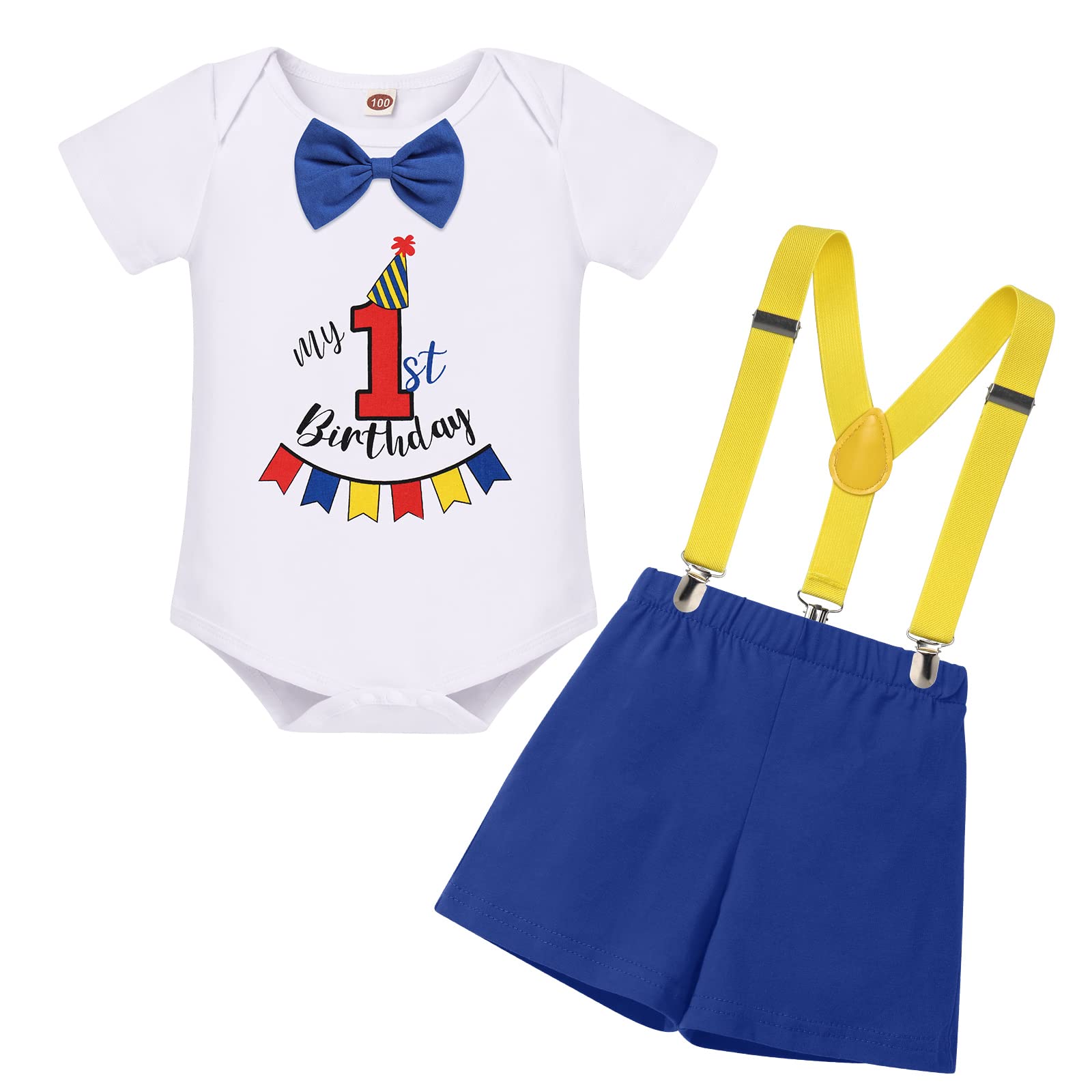 1st First Birthday Outfit Baby Boy Cake Smash One Year Old Party Newborn Toddler Bow Tie Short Sleeve Romper Shorts Pants Y-back Suspenders 3PCS Clothes Set Photo Shoot Royal Blue+Red 12-18 Months