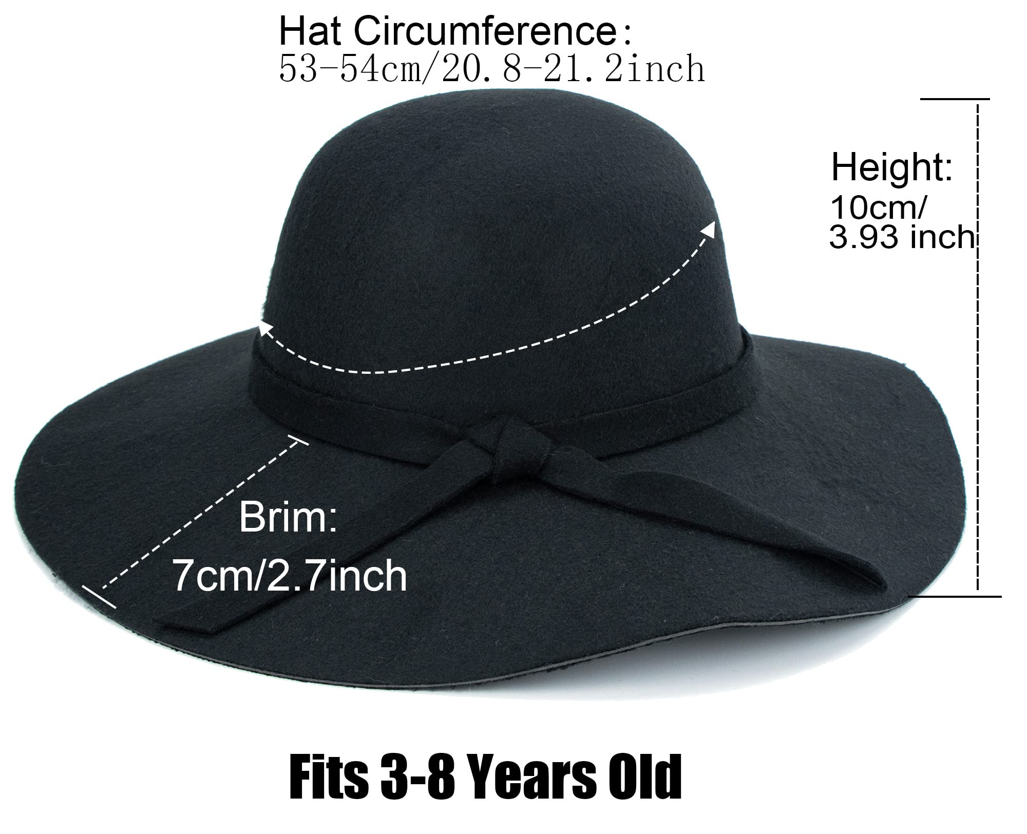 Wide-Brim Kids Girls Floppy-Hat Vintage Fedora Hats for Girl Boho Felt Bowler-Cap 3 to 8 Years (3-8 Years, Black)