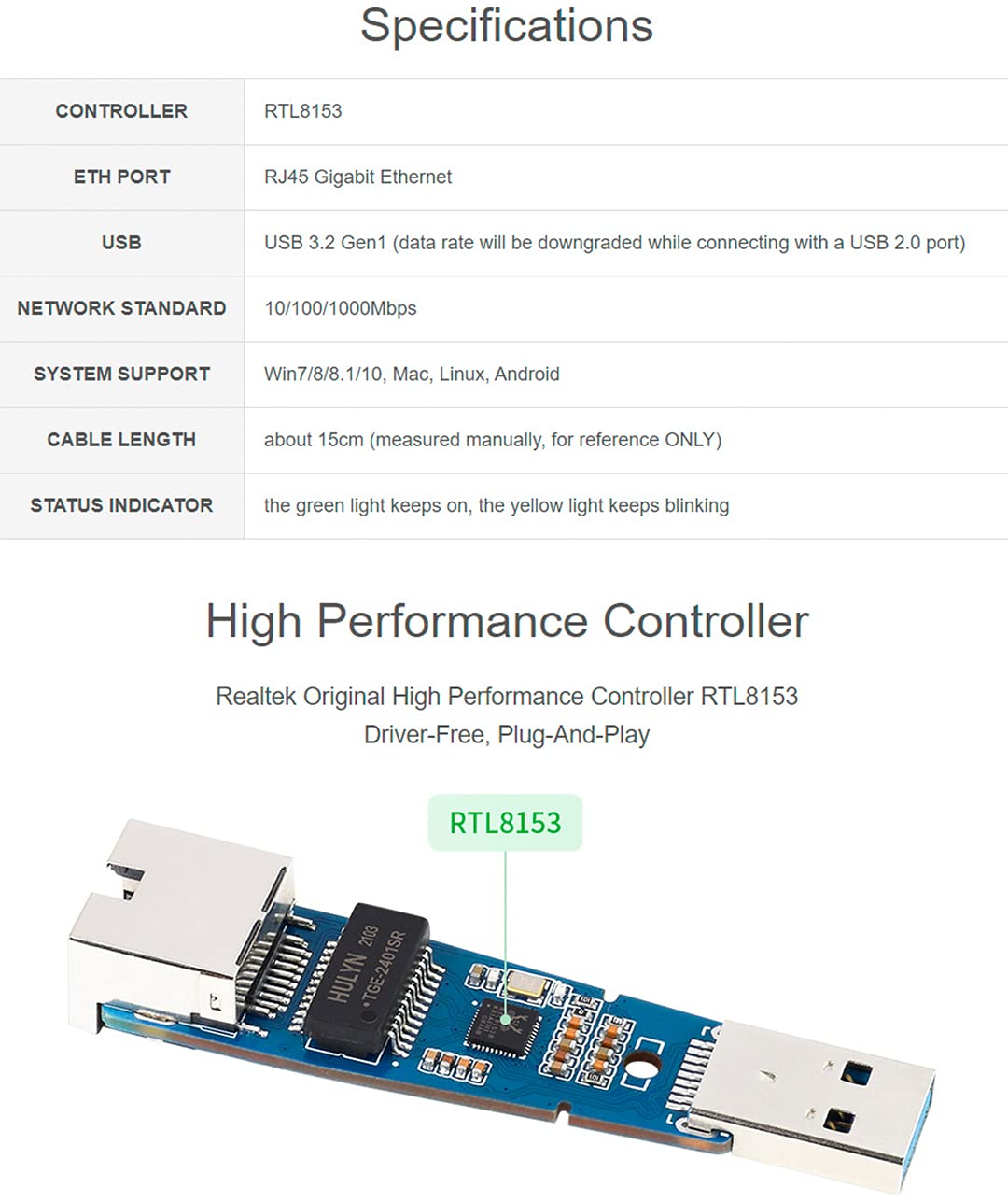 Bicool USB 3.2 Gen1 to Gigabit Ethernet Converter,RTL8153 Controller 101001000Mbps Network Standard, Driver-Free,Plug and Play,Support Multi Systems Win788.110,etc.