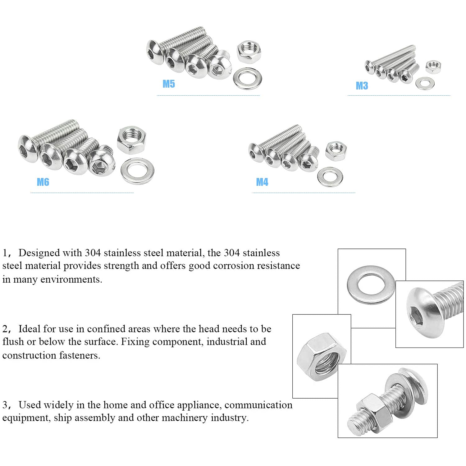 DYWISHKEY 520 PCS M3 M4 M5 M6, 304 Stainless Steel Hex Button Head Cap Bolts Screws Nuts Washers Assortment Kit with Hex Wrenches