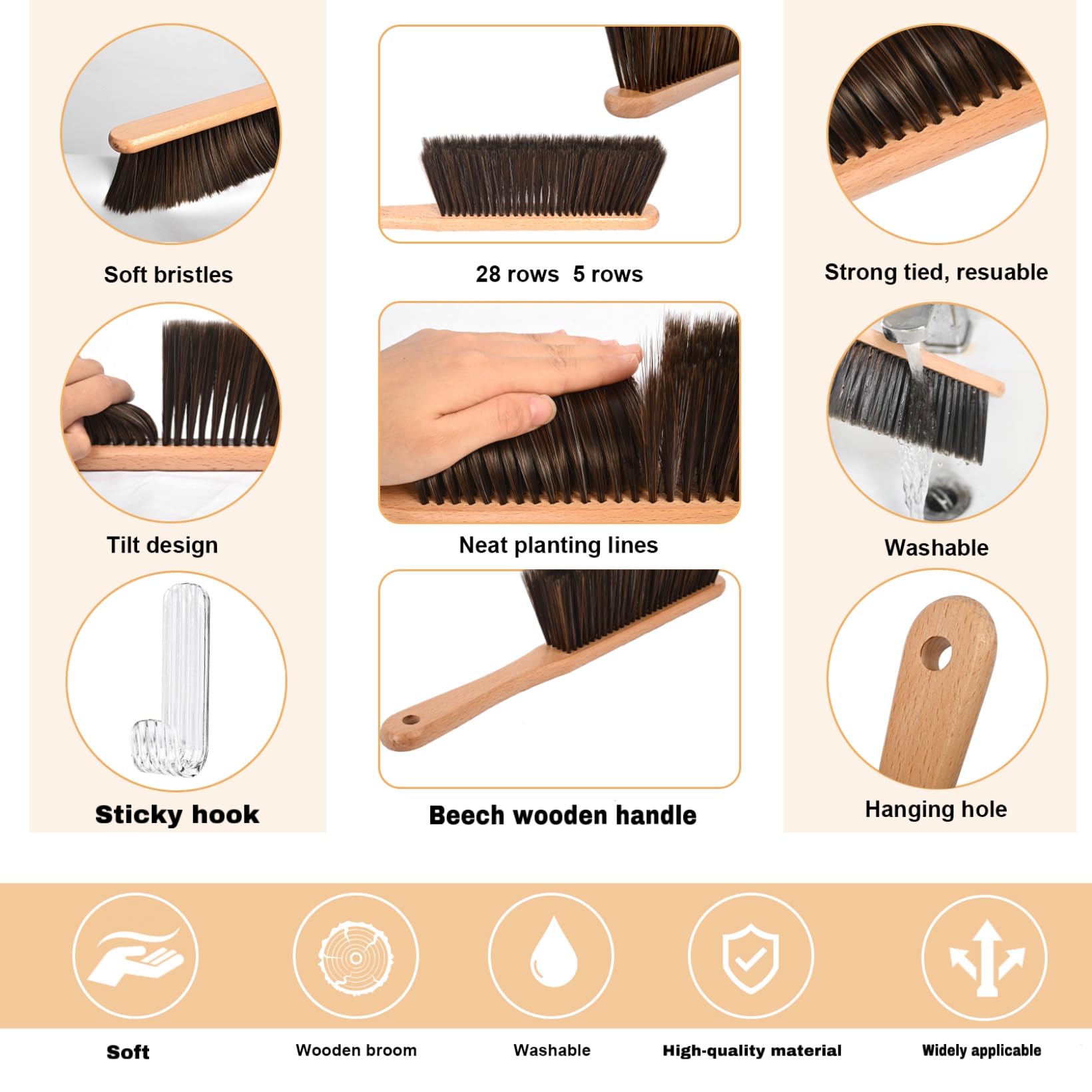 15"(Very Soft) Big Hand Broom for dust Debris on House Item/Work/Outdoor/Car Interior/Shop/Crafts/Tent/Camp/Bench Brush Hand Whisk Broom on Multi-Surfaces(Leather&Fabric),Hook,unshedding