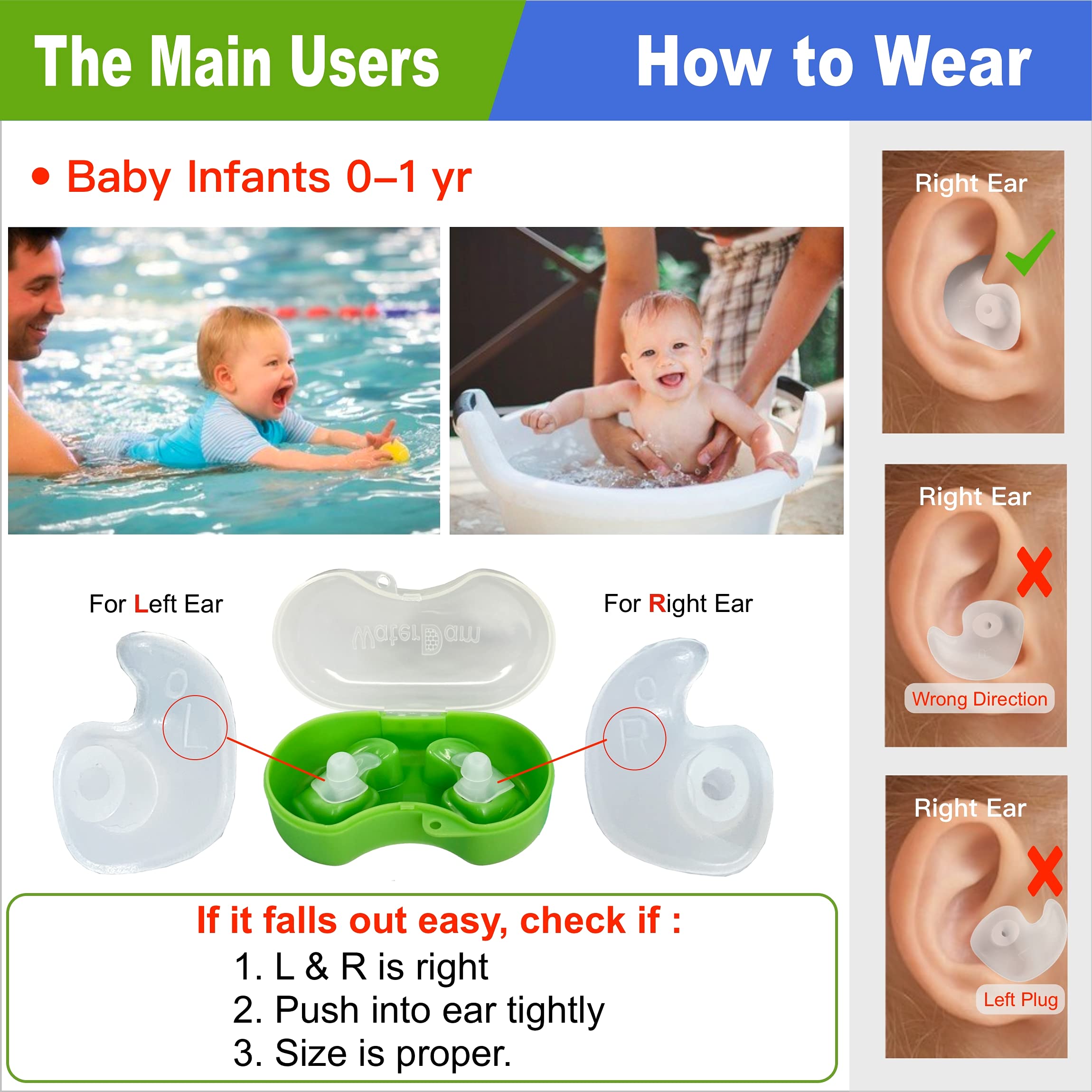WaterDam Swimming Ear Plugs Great Waterproof Ultra Comfy Earplugs Prevent Swimmer's Ear (Size 0+0: Infants 0-12months (Clear Clear))