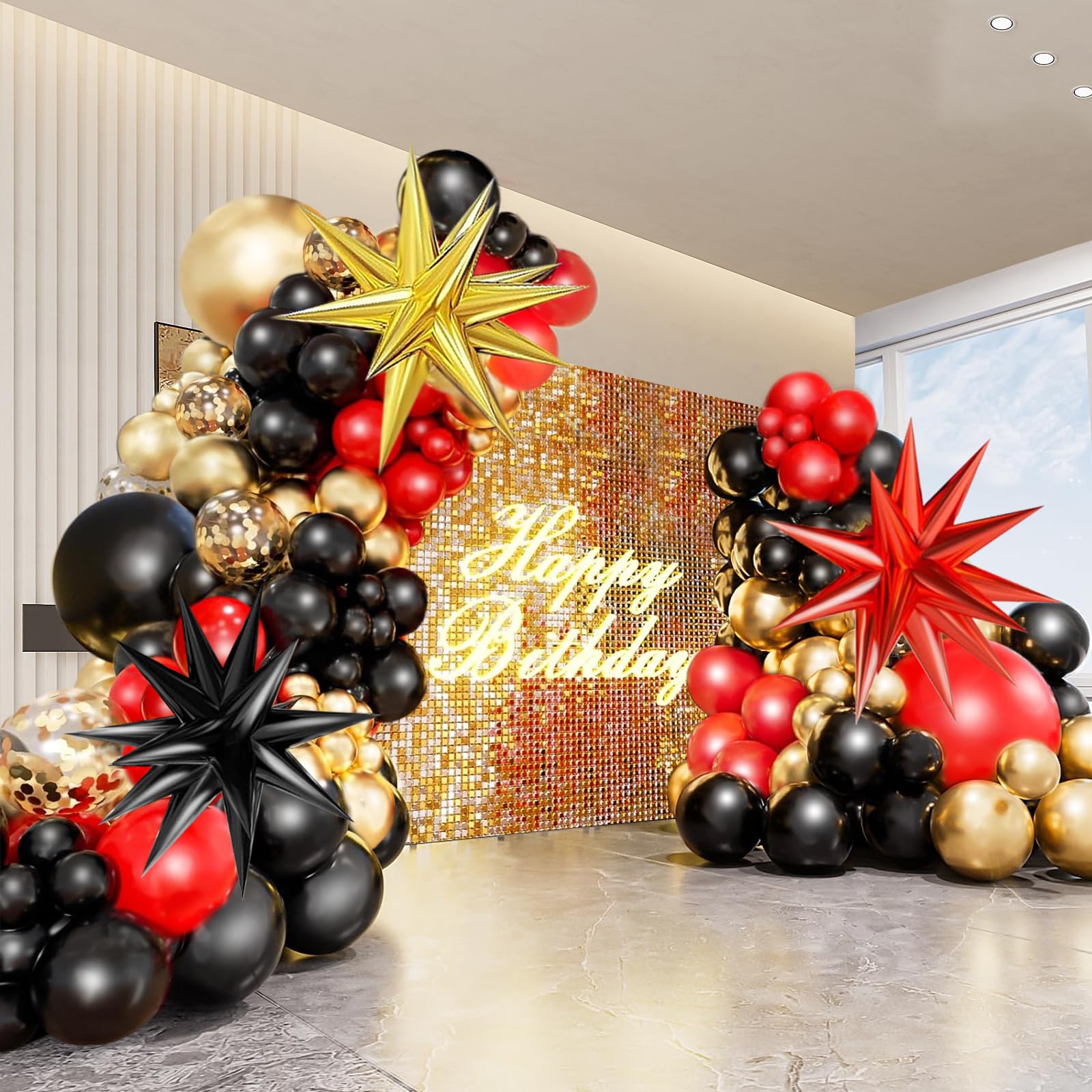 121 Pack Red Black Gold Balloons Arch Kit with Star, Red Black and Gold Balloon Garland for Graduation Anniversary Casino Night Hollywood New Years Movie Night Birthday Decorations