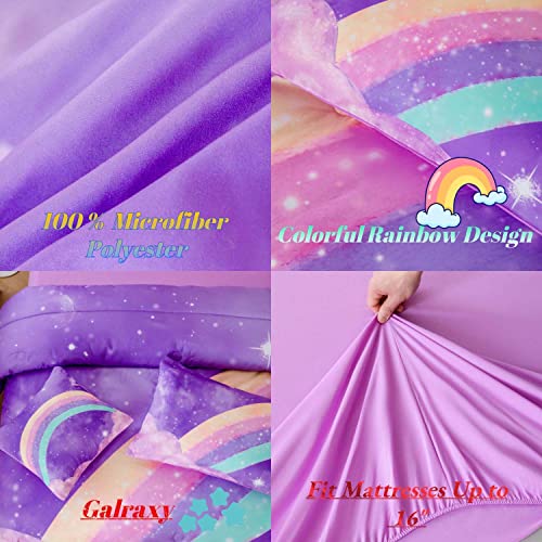 ANGIYUIN Purple Twin Bed in A Bag, 6 Pieces Rainbow Gradient Glitter Bedding Sets for Girls, 3D Galaxy Nebula Kids Comforter Set with Comforter Sheets Pillowcases for All Season