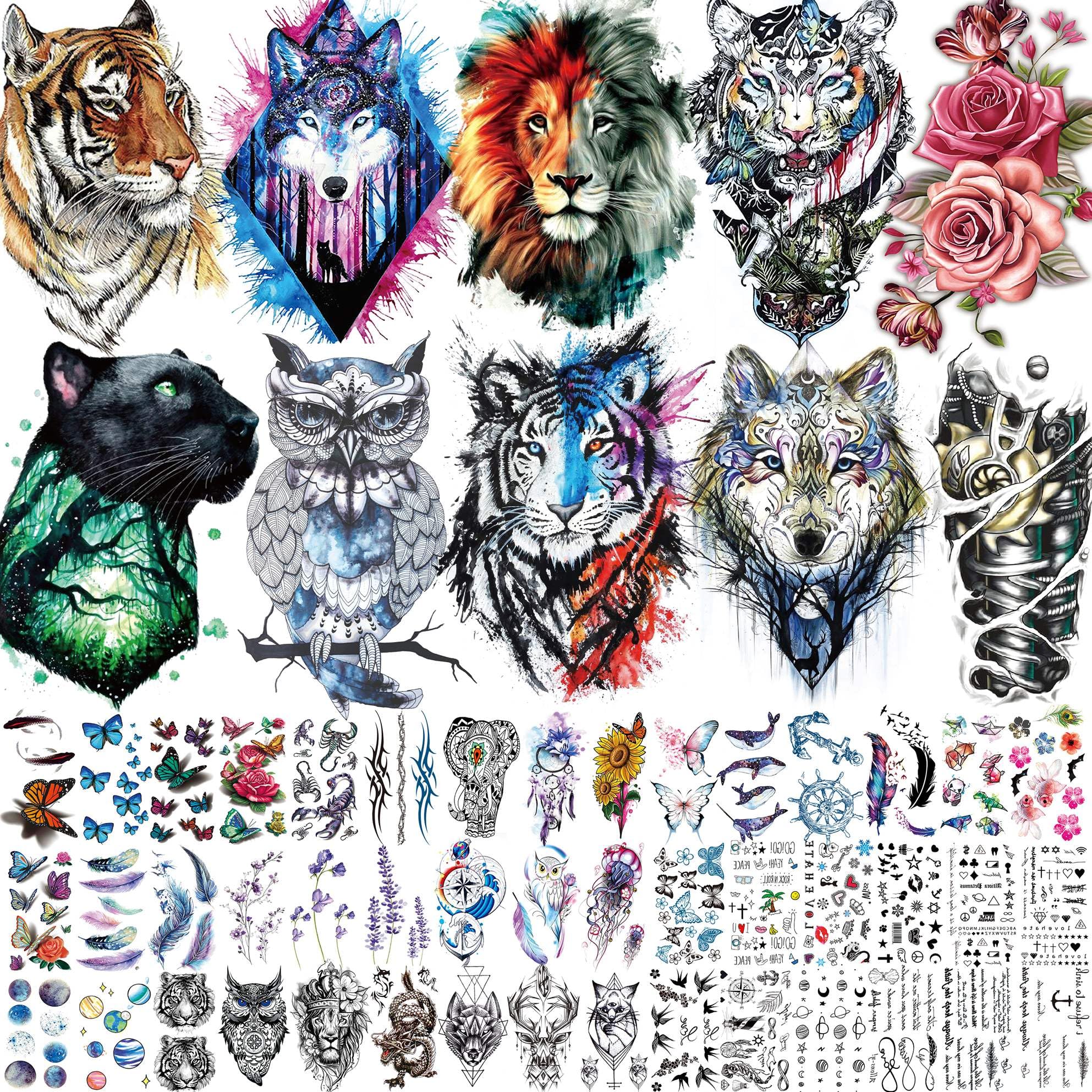 Bilizar 56 Sheets Watercolor Owl Tiger Lion Temporary Tattoos For Women Men Body Art Arm Thigh, 3D Long Lasting Realistic Fake Tattoo Sleeve Stickers For Adults, Wolf Animals Temp Tattoo Decals Kids