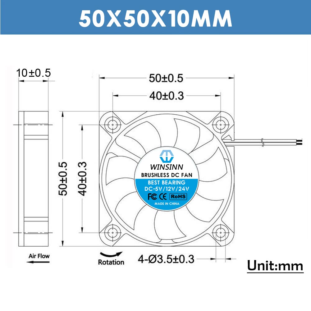 WINSINN 50mm Fan 12V, 3D Printer Micro 12 Volt Fans 5010 Dual Ball Bearing, Brushless Cooling 50mmx10mm 2PIN (Pack of 5Pcs)
