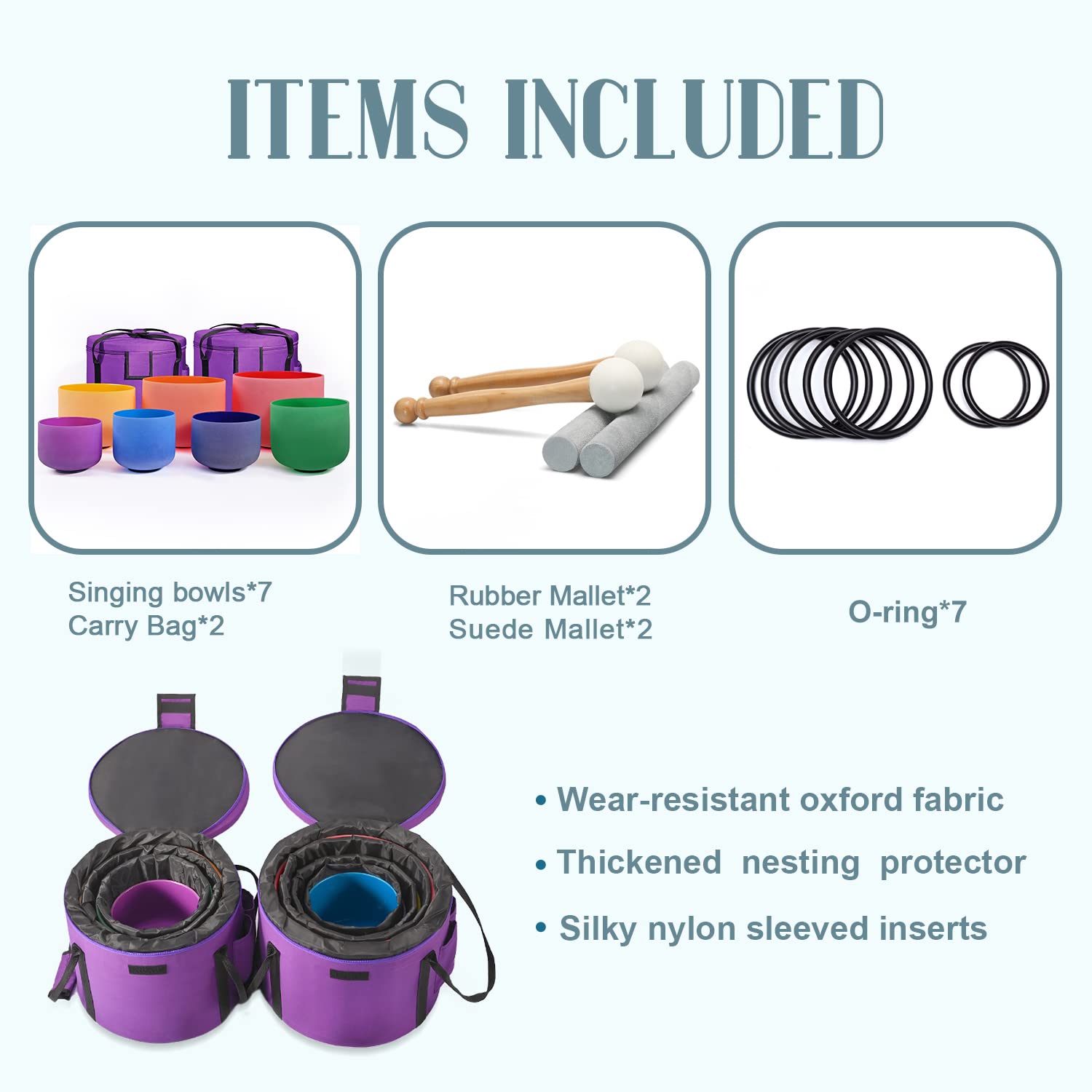 432HZ 6''-12'' Set of 7 Colored Crystal Singing Bowl Sound Healing with 2 Case Bags