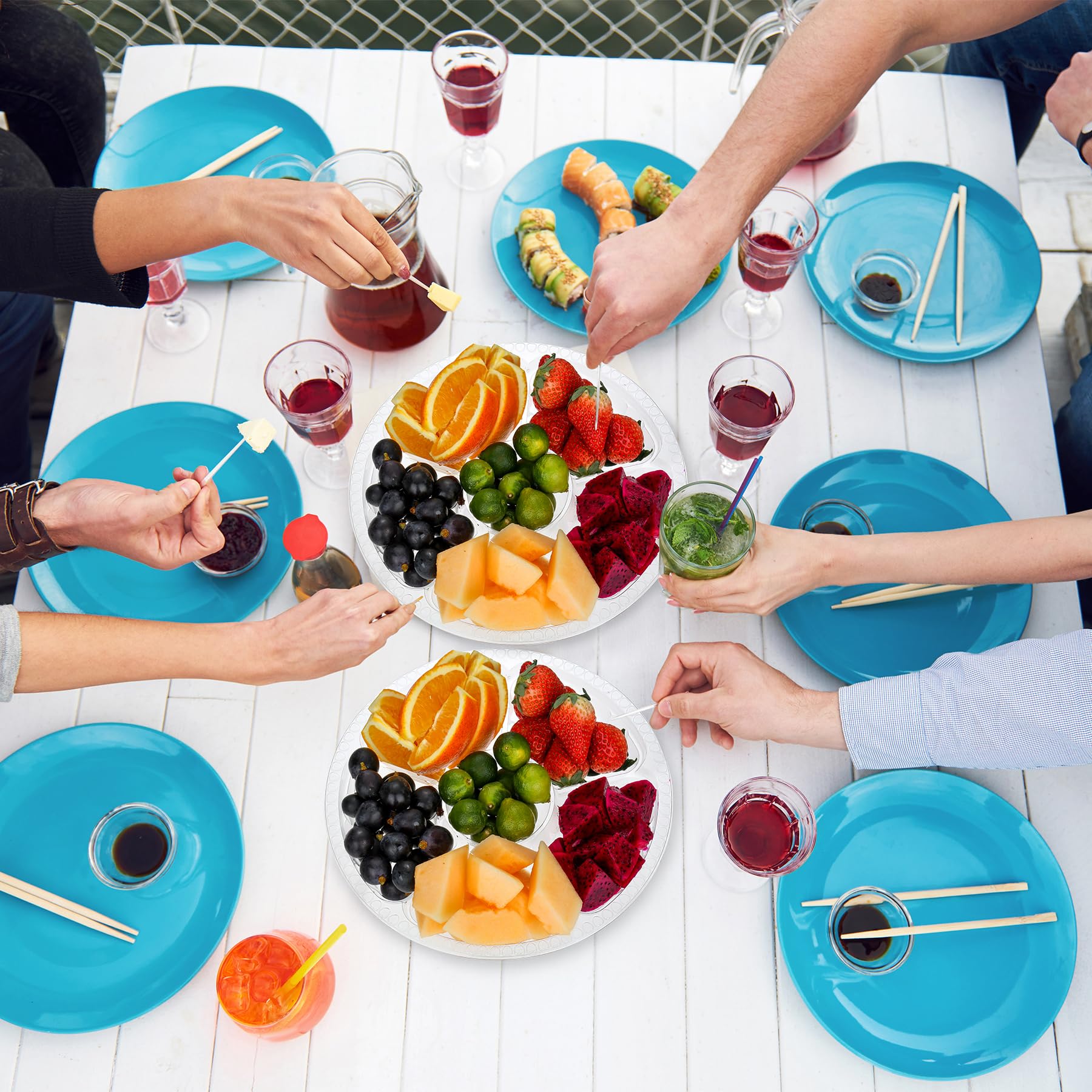 12 Pack Round Plastic Veggie Tray with Lid Fruit Tray 6 Divided Compartment Container Food Serving Dip Platter Reusable Catering Trays for Veggie Fruit Snack Party and Buffet Trays(Clear,10inch)