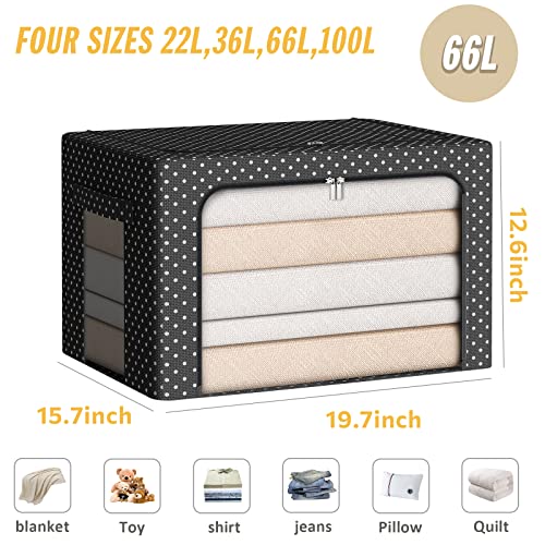 3 Pack Clothes Storage Organizer Bins - Foldable Metal Frame Storage Bins Stackable Oxford Cloth Fabric Container Organizer Set with Carrying Handles and Clear Window (Large-66L, Black Dots)