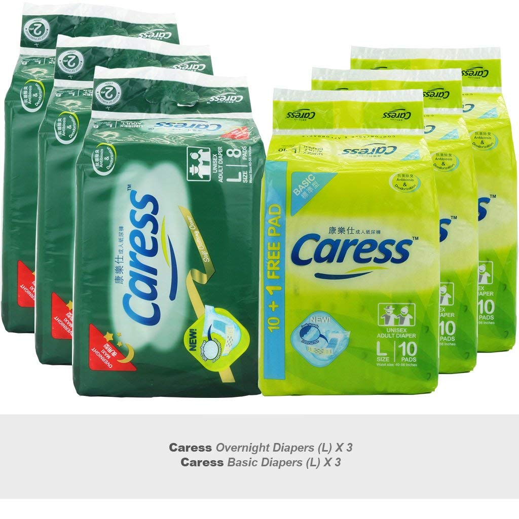 3 x Adult Diaper Premium Overnight Size L Caress + 3 x Adult Diaper Premium Basic Diaper L Caress