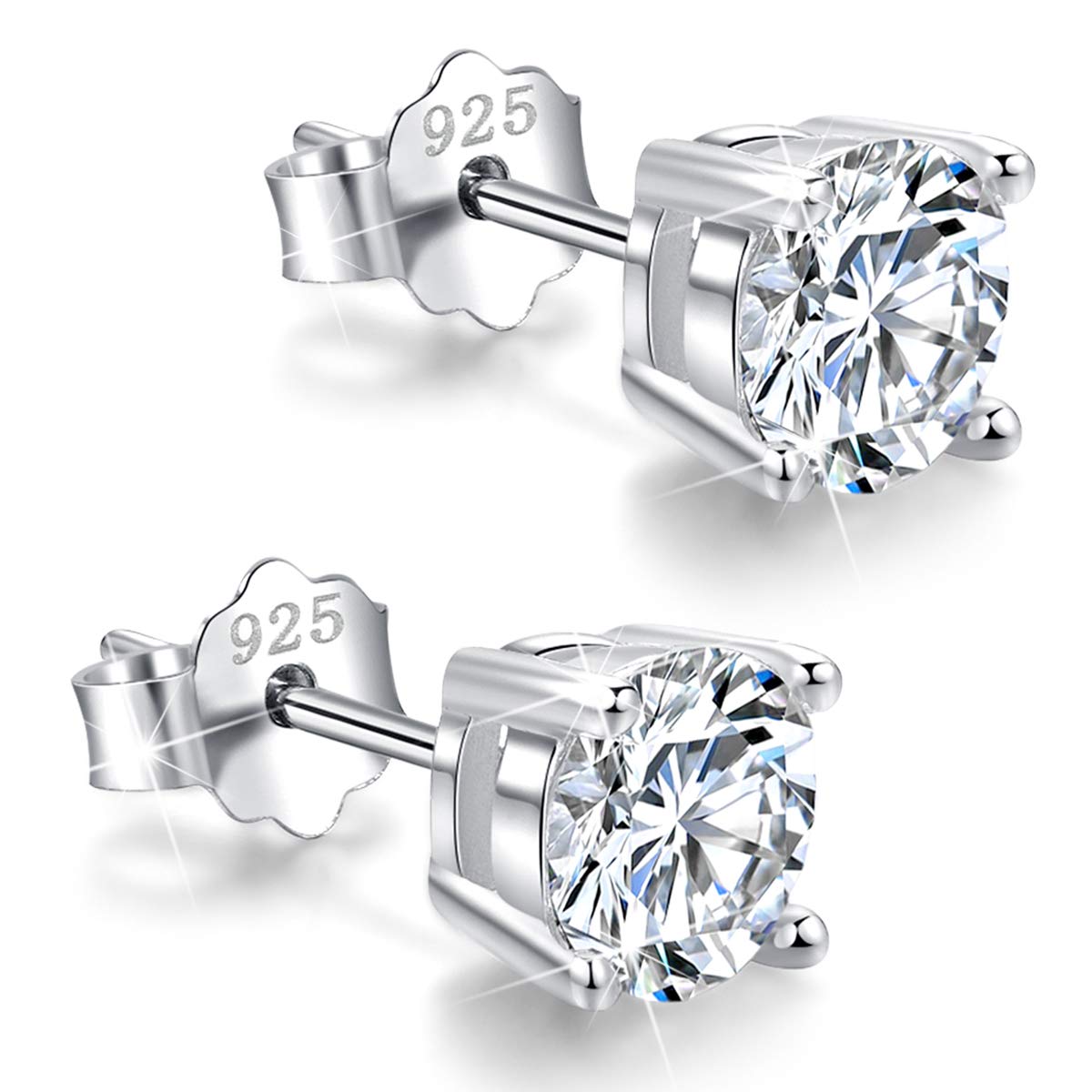 18K Gold Plated Sterling Silver Cubic Zirconia Stud Earrings for Women Men, Simulated Diamond CZ Studs Hypoallergenic Jewelry (8mm, 18K White Gold Plated Sterling Silver - Silver)