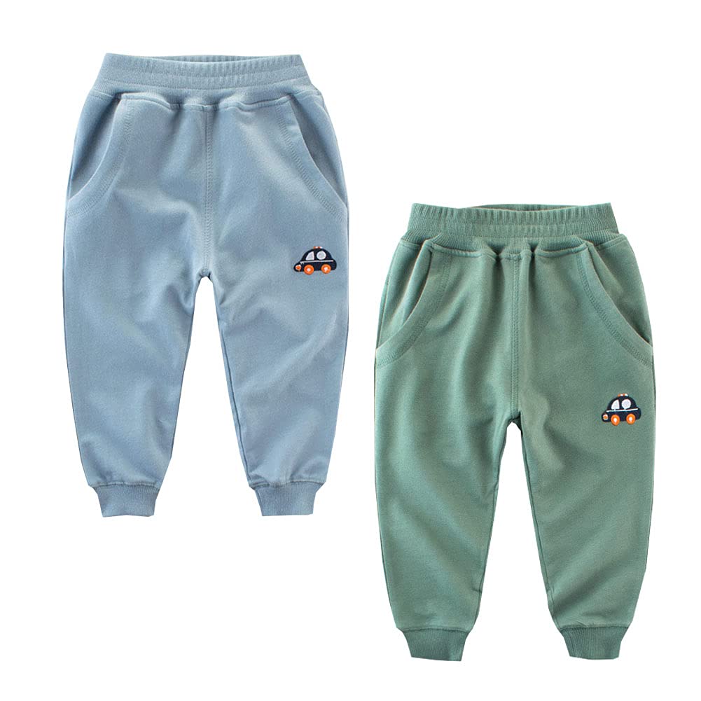BeiVSlley Baby Boys 2 Pack Cotton Active Jogger Pants Toddler Cute Embroidery Athletic Sweatpants,Light Blue+Green,2-3T