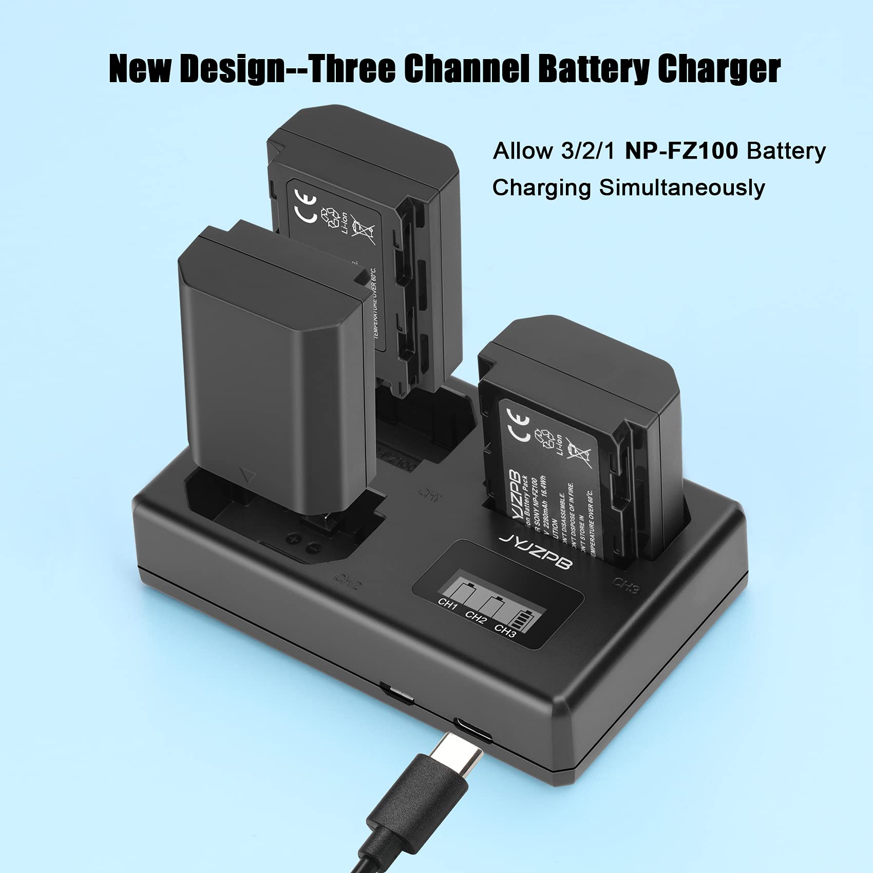 JYJZPB 3 Pack NP-FZ100 Replacement Battery for Sony A7III, A7IV, A7R III, A9, A6600, A6700, A9S, A7R3, A7S III, A7R III, and Triple Sony Battery Charger for Sony NPFZ100 Z-Series Battery Pack