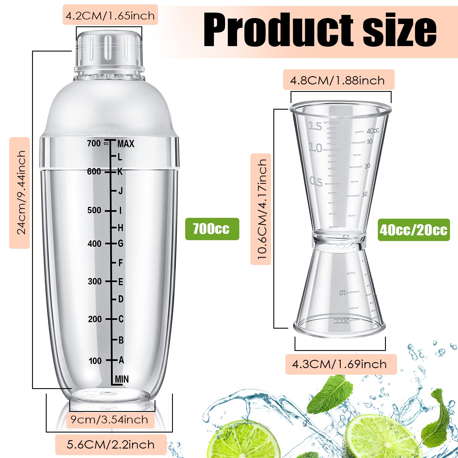 10 Pcs Plastic Cocktail Shaker Set, Including 8 Pcs 24 oz Clear Drink Shaker Drink Mixer Boba Tea Shaker 2 Pcs Cocktail Jigger Plastic Double Measuring Jigger for Bar Coffee