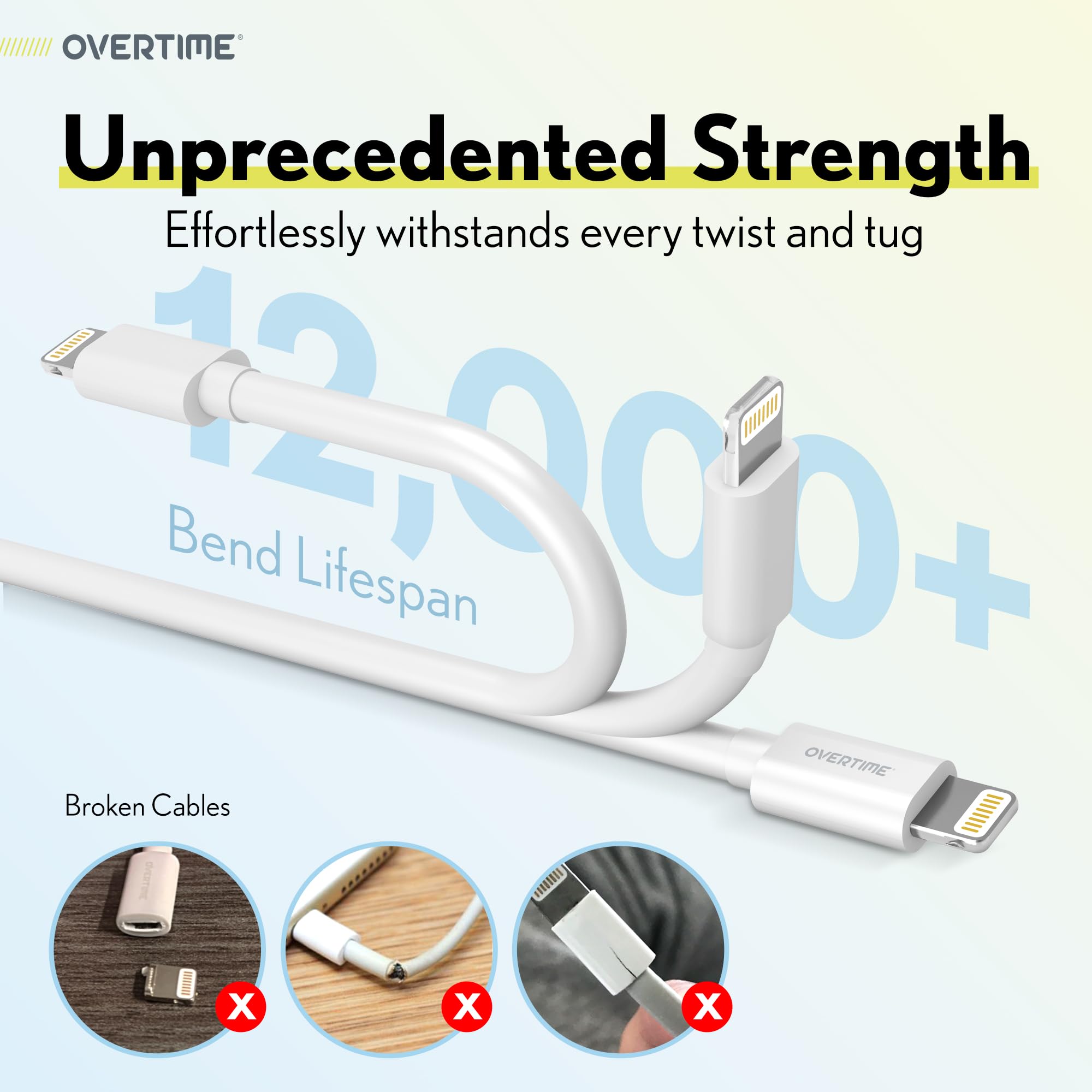 Overtime iPhone Lightning Cable, MFI Certified, Portable & Smart USB-C to Lightning Charging Cable, Fast Apple Charging Cord, 6ft iPhone Charger Cord Compatible with iPhone | iPad | iPod - White