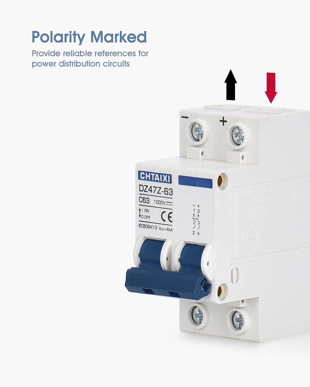 CHTAIXI DC Miniature Circuit Breaker, 2 Pole 1000V 63 Amp Isolator for Solar PV System, Thermal Magnetic Trip, DIN Rail Mount, Chtaixi DC Disconnect Switch C63