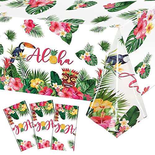 3 Pack Hawaiian Luau Tablecloths, Luau Decoration Aloha Tropical Palm Leaves Table Cloth Hawaii Disposable Plastic Rectangular Table Cover Tiki Party Supplies for Birthday Summer Kid, 54 x 108 Inch