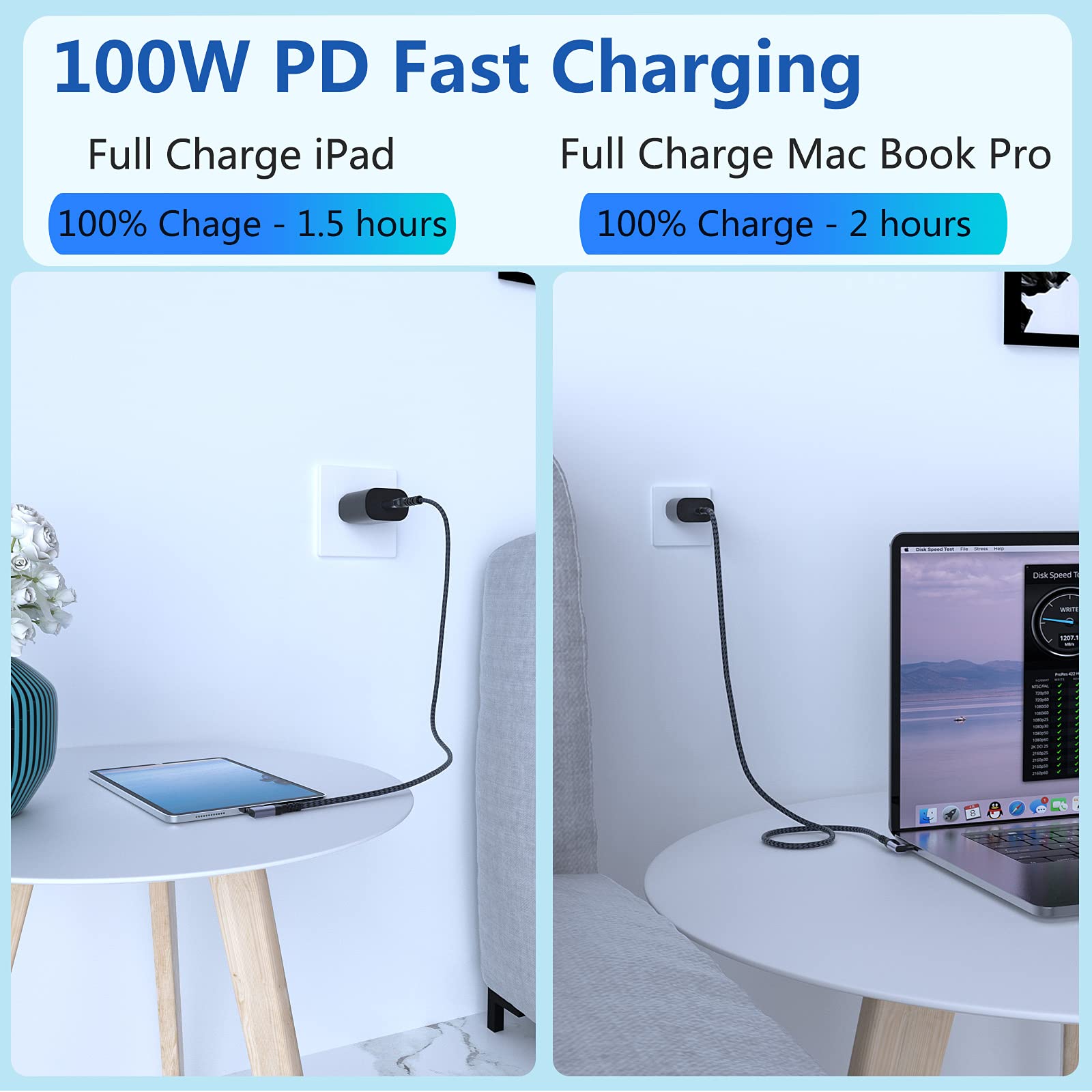 USB C to USB C Cable 100W 10ft, 90 Degree USB C 3.1 Gen2 Cable 20V/5A Fast Charging Cord 4K@60Hz Video Output 10Gbps Data Cable Compatible with MacBook, iPad, Pixelbook, Cellphones and Tablets-Black