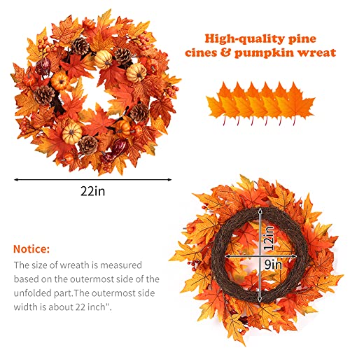 22β Fall Wreath for Front Door, Autumn Wreath with Pine Cones Pumpkin Maple Leaf, Thanksgiving Fall Wreath for Home, Wall, Porch, Windows, Suitable for Outside/Indoor, Holiday, Party, Weddings