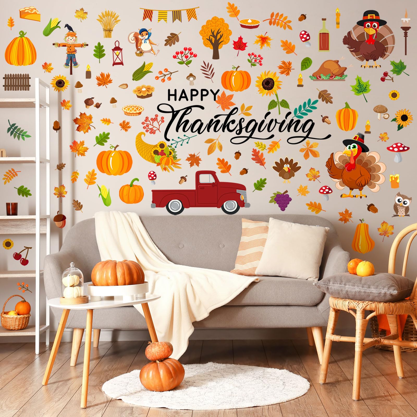 115 Pcs Fall Thanksgiving Wall Decals Turkey Maple Leaves Wall Stickers Autumn Pumpkin Wall Decals Decor Fall Leaves Window Clings Wall Decoration for Bedroom Living Room Home Decor