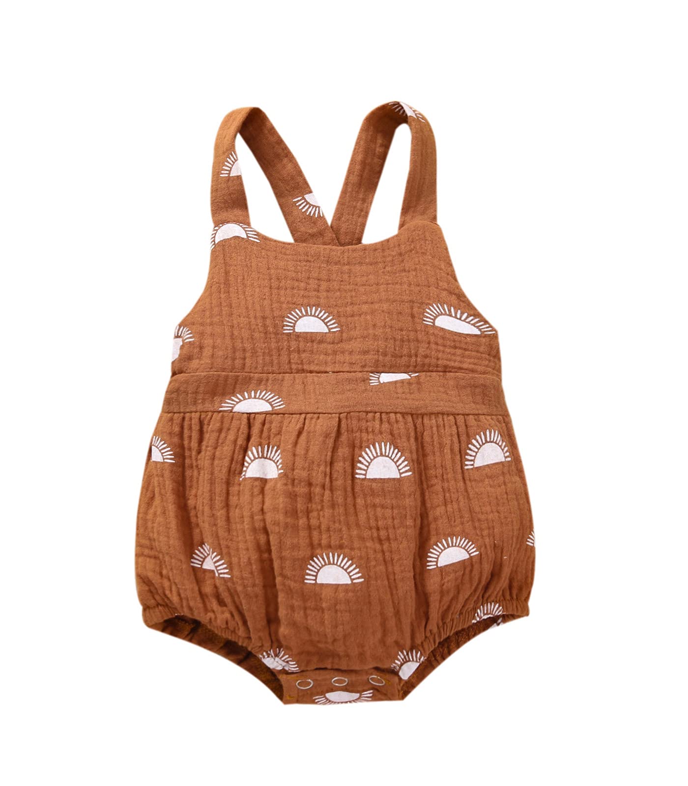 Newborn Girls Romper Jumpsuit Sun Print Sleeveless Cross Back One-Pieces Bodysuits Clothing (Brown, 0-6 Months, 6_Months)