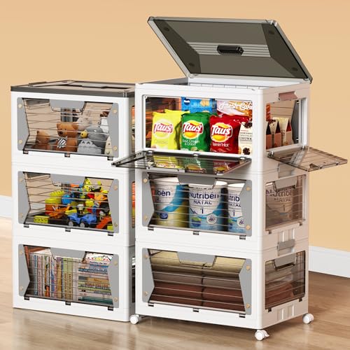 14 Gal Large Stackable Storage Bin with Lid, Plastic Clear Collapsible Storage Bins with Wheels, Foldable Closet Organizers and Storage Bins, Containers for Dorm Room Essentials, Pantry 6 PACK