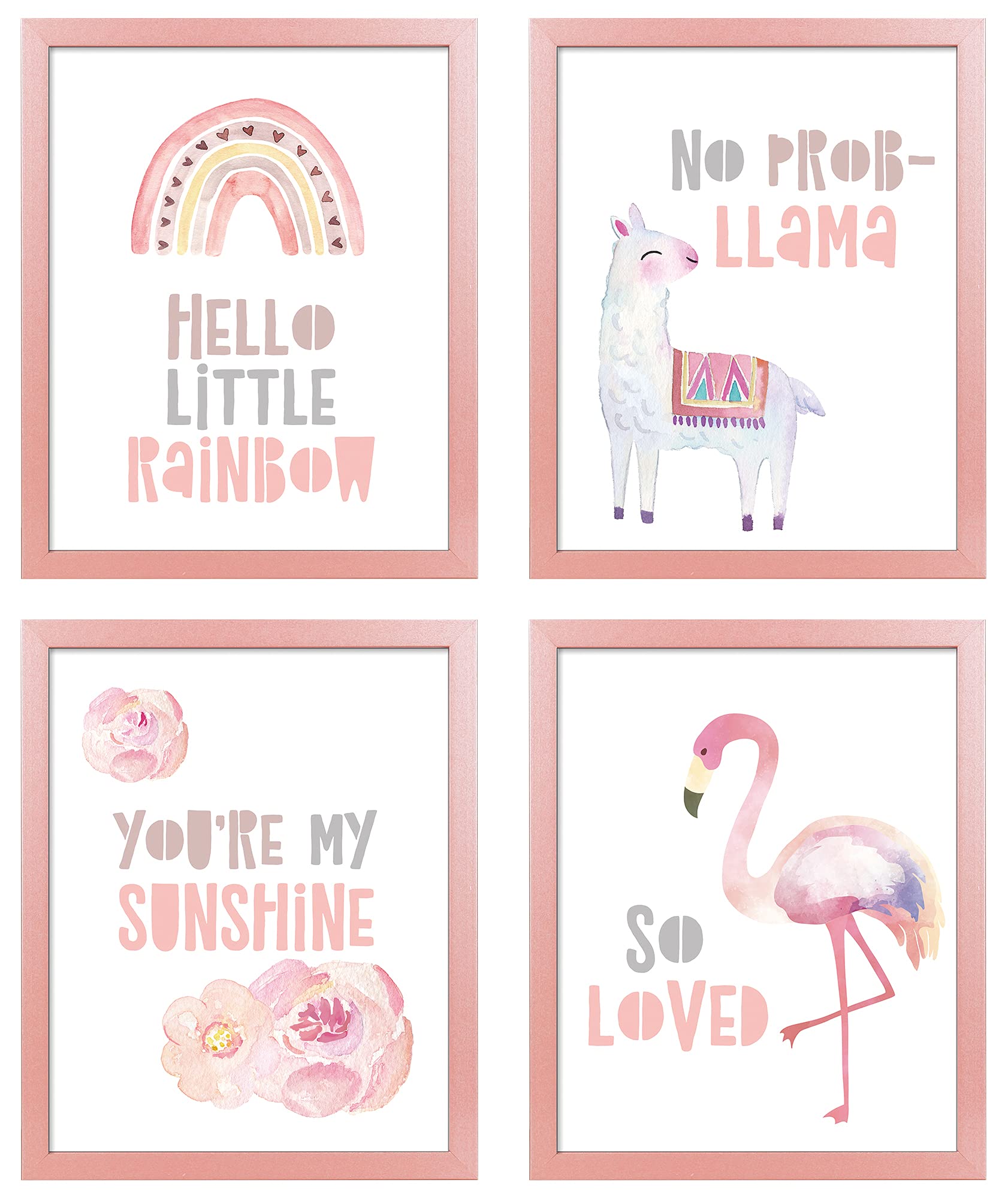 ArtbyHannah 4 Pack 8x10 Inch Framed Baby Nursery Wall Art Decor with Pink and White Decorative Cute Animals Art Prints for Kids Room, Baby Girls Playroom Children Room Bedroom or Home Decoration