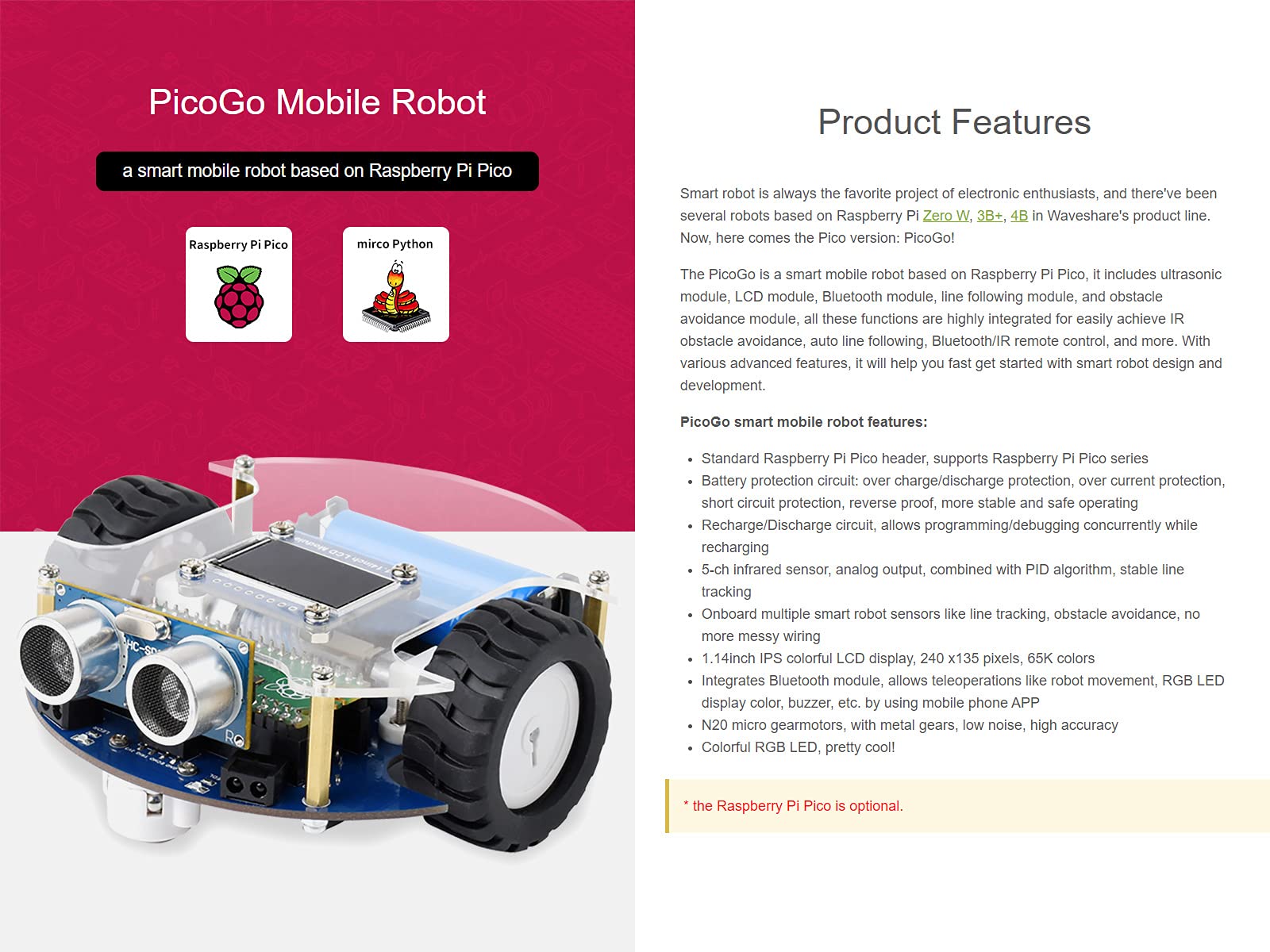 Waveshare PicoGo Mobile Robot - Raspberry Pi Pico Based, Self Driving, Remote Control, Unassembled