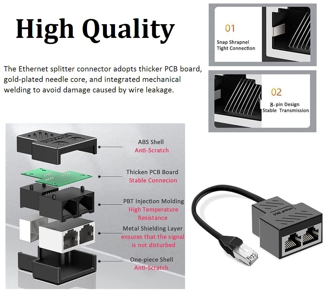 2Pack RJ45 Ethernet Splitter Cable Network Adapter 1 Male to 2 Female, Suitable Super Cat5, Cat5e, Cat6, Cat7 Connector LAN Ethernet Cables Internet Adapter, Black