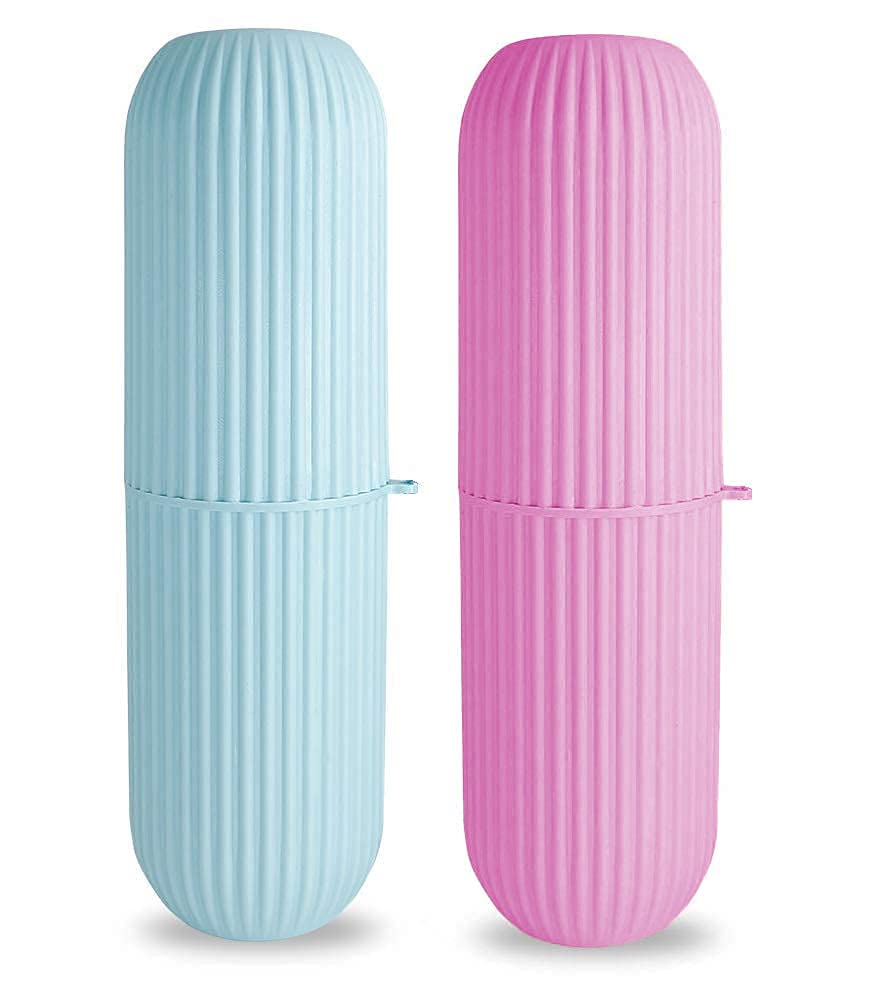 KBS Toothbrush Holder Case Cover 2 Pack Capsule Shape Container Travel Camping Business Trip Bathroom (Pink - Blue) Plastic