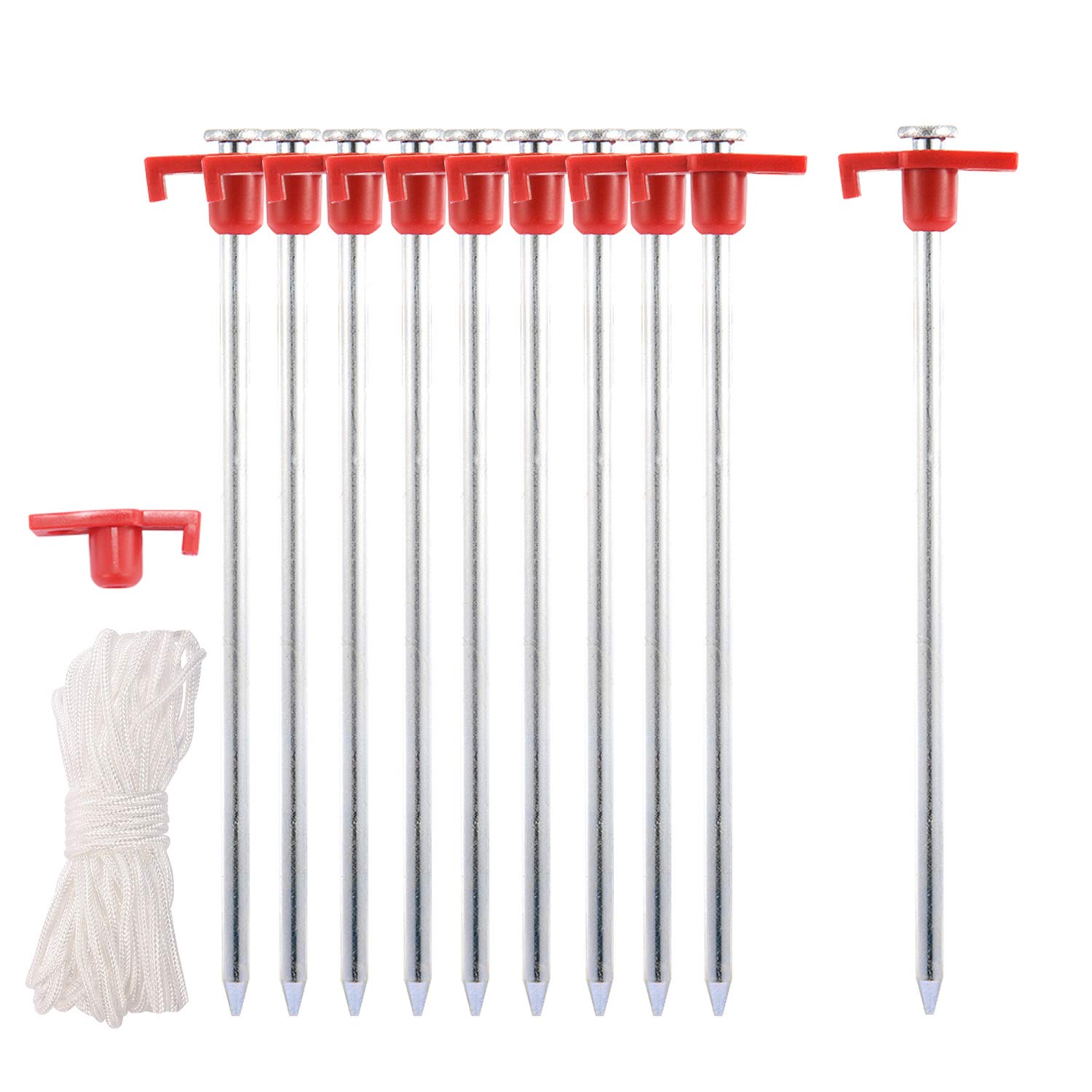 10 Pcs Tent Stakes with 4Pcs 10ft Ropes & 1 PVC Top, Galvanized Non-Rust Stakes Pegs for Pop Up Canopy, Camping Tent, Hiking Bonus 4 Ropes 10FT Length - Red