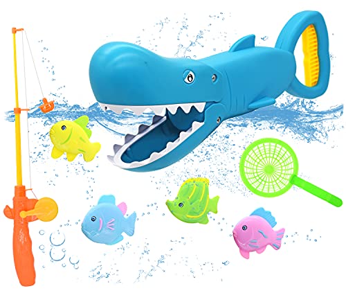 Bath Toys , Shark Grabber Bathub Baby Toy Magnetic Fishing Games Playing Set , Floating Fish Toys in Bathtub Bathroom Pool for Babies Toddlers and Kids Age 3+ (Blue)