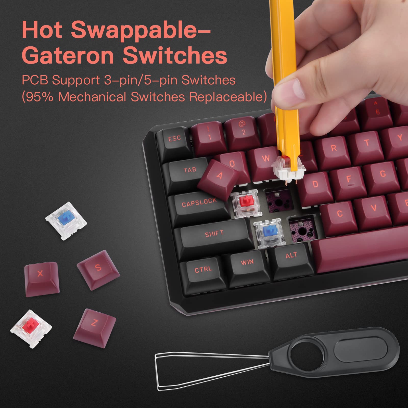 Darmoshark 2.4GHz Wireless/Wired Mechanical Keyboard — 65% (68 Key) Gaming Keyboard, Hot-Swap Switches, Programmable Macros, RGB LED Backlit, Type-C, PBT Spherical Keycap(Gateron Brown, Cherry Red)