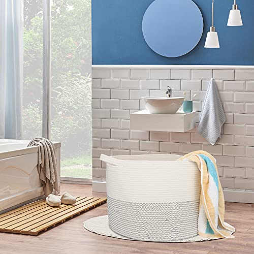 NIACONN XXLarge Laundry Basket 20" X 20" X 13.8" Round Woven Baby Laundry Hamper with Handle Cotton Rope Storage Baskets for Clothes Blanket & Toy Storage(White)
