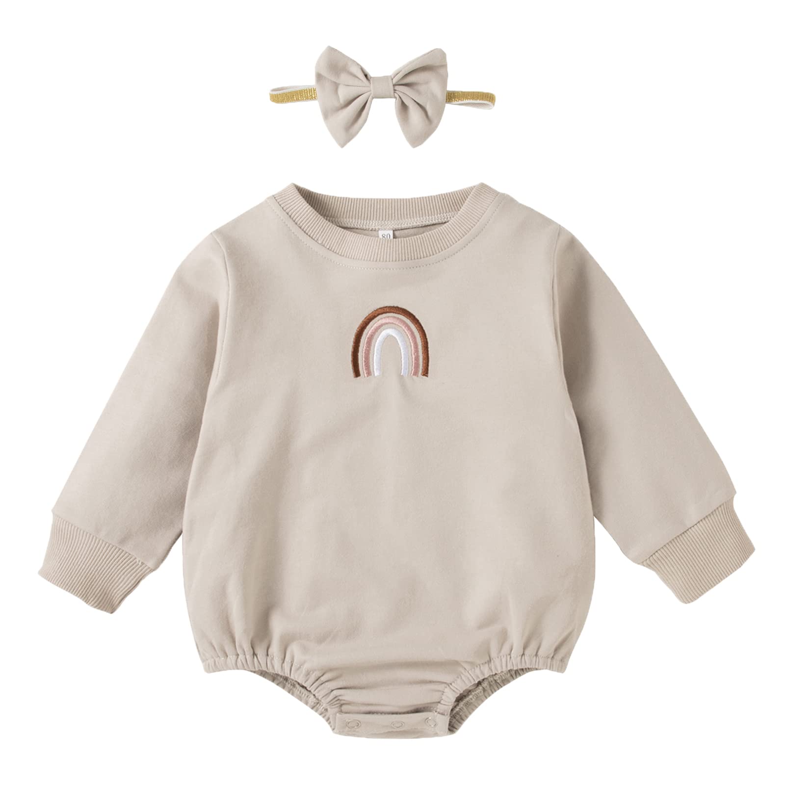 DREAM BUS Newborn Baby Girl Clothes Sweatshirt Long Sleeve Oversized Romper Toddler Girl Fall Winter Sweater With Headband(Gray,0-6months)