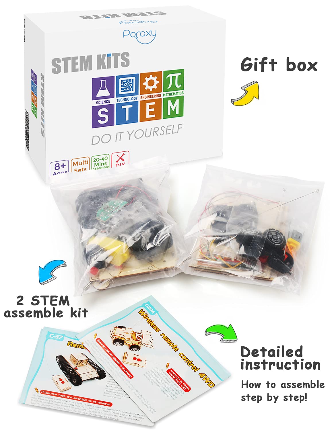 2 in 1 STEM Model Car Kits, 3D Wooden Puzzles, Education Science Experiment Kits, DIY Remote Control STEM Projects Building Toys, Gifts for 8, 9, 10,11,12 Year Old Boys and Girls