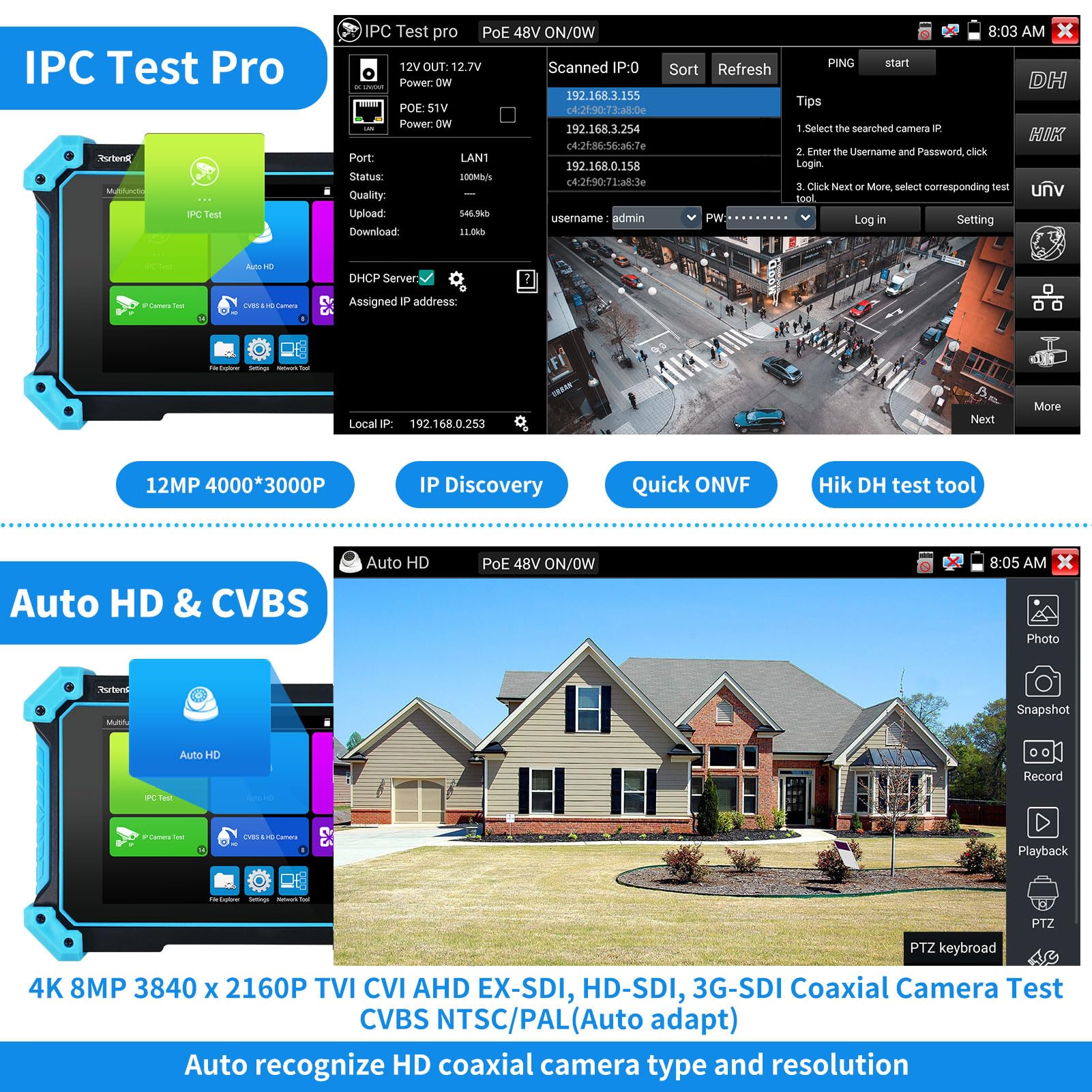 Rsrteng IP Camera Tester, IPC-5200 Plus 8MP AHD CVI TVI SDI CVBS IP Camera Test 4K HD Display Video Monitor 5inch IPS Touch Screen IPC Tester Support POE PTZ RS485 HDMI & VGA Input DC12V Output
