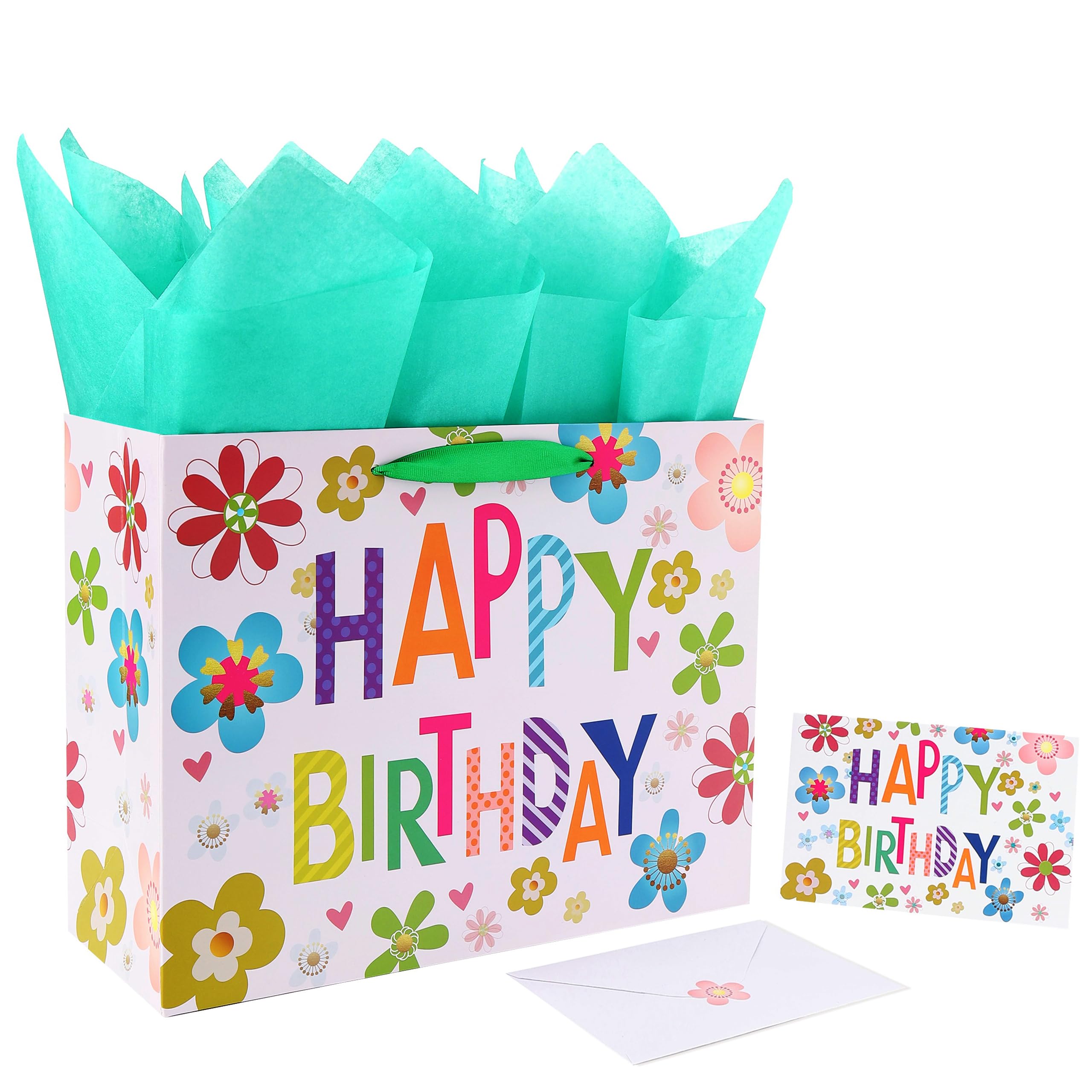 13" Large Gift Bag Set with Greeting Card and Green Tissue Paper(Colorful ‘Happy Birthday’) for Baby Shower,Kids Birthday Party,Newborn,New Moms or Parents, and More- 13”x5.2”x10.2”, 1 Pcs