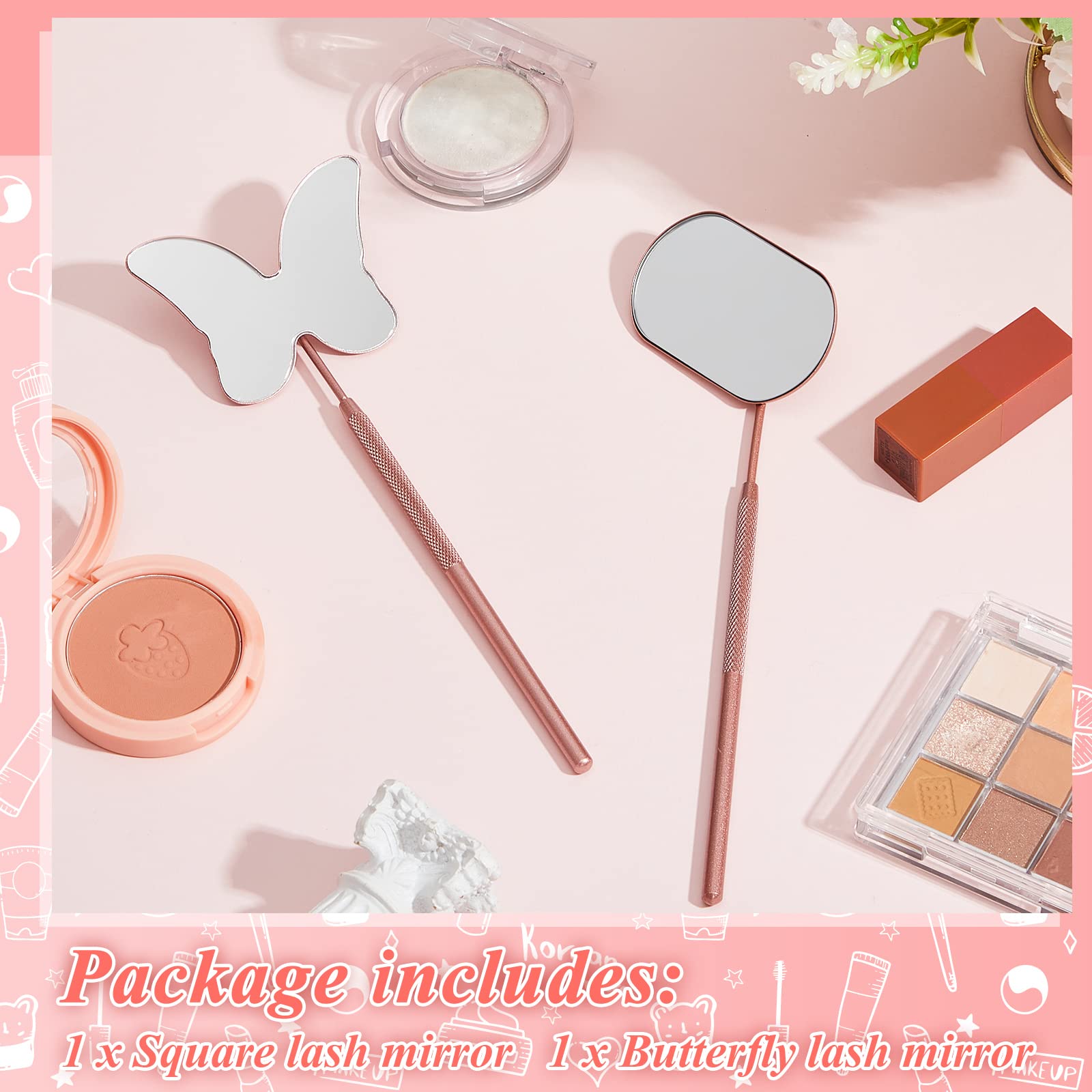 2 Pieces Lash Mirror Stainless Steel Lash Makeup Mirror Butterfly Eyelash Mirror Detachable Square Lash Extension Mirror Eyelash Extensions Accessories for Lash Extension Supplies, Pink and Rose Gold