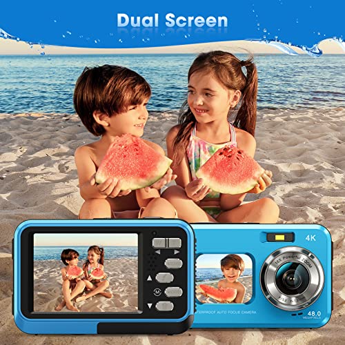 4K Waterproof Camera Underwater Camera 64GB Card Included in the Adapter Dual Screens Selfie 48MP 16X Digital Zoom Digital Camera Fill Light 11FT Underwater Camera for Snorkeling Kids with 2 Batteries