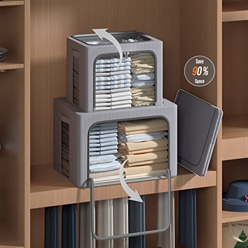 2Pack Stackable Storage Bins Oxford Frame Storage Box with Clear Window, Label Holder, Durable Carry Handles (Light Grey, 3x36L-15.7x11.8x11.8)