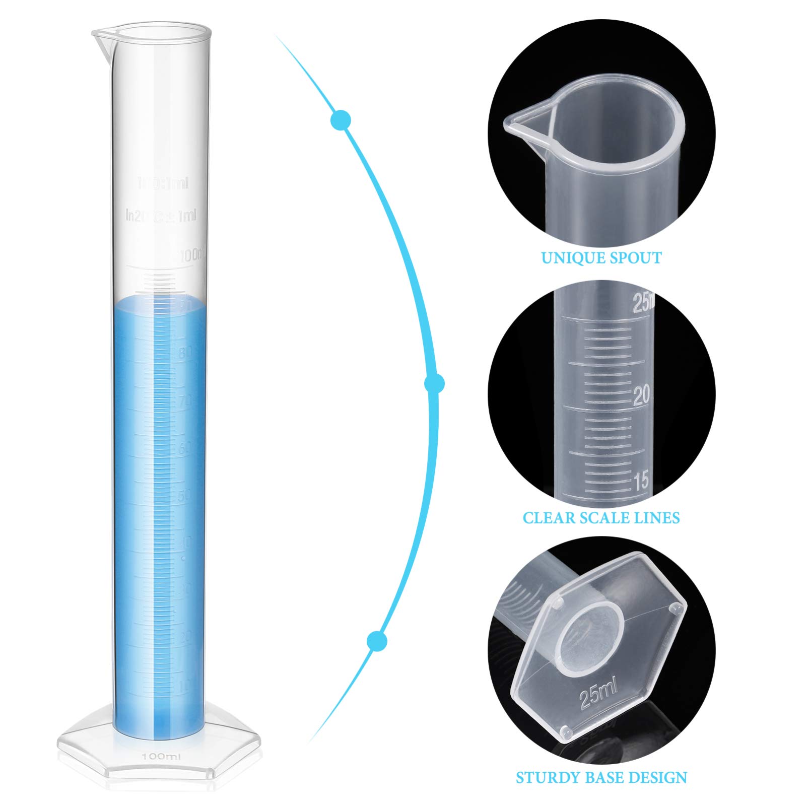 Lurrose Graduated Cylinders Set 5 Plastic Measuring Cylinders Lab Test Tube 250ml, 100ml, 50ml, 25ml, 10ml with 4 Droppers 2 Tube Brushes for Science Projects School