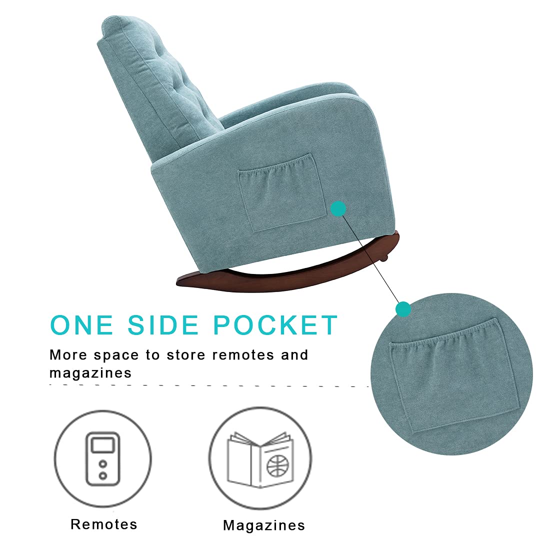 Baysitone Rocking Accent Chair, Tufted Upholstered Luxury Cotton Lounge Chair, Glider Rocker Armchair with Side Pocket for Nursery, Living Room, Bedroom, 300 lbs Strong Support (Mint Green + Cotton)