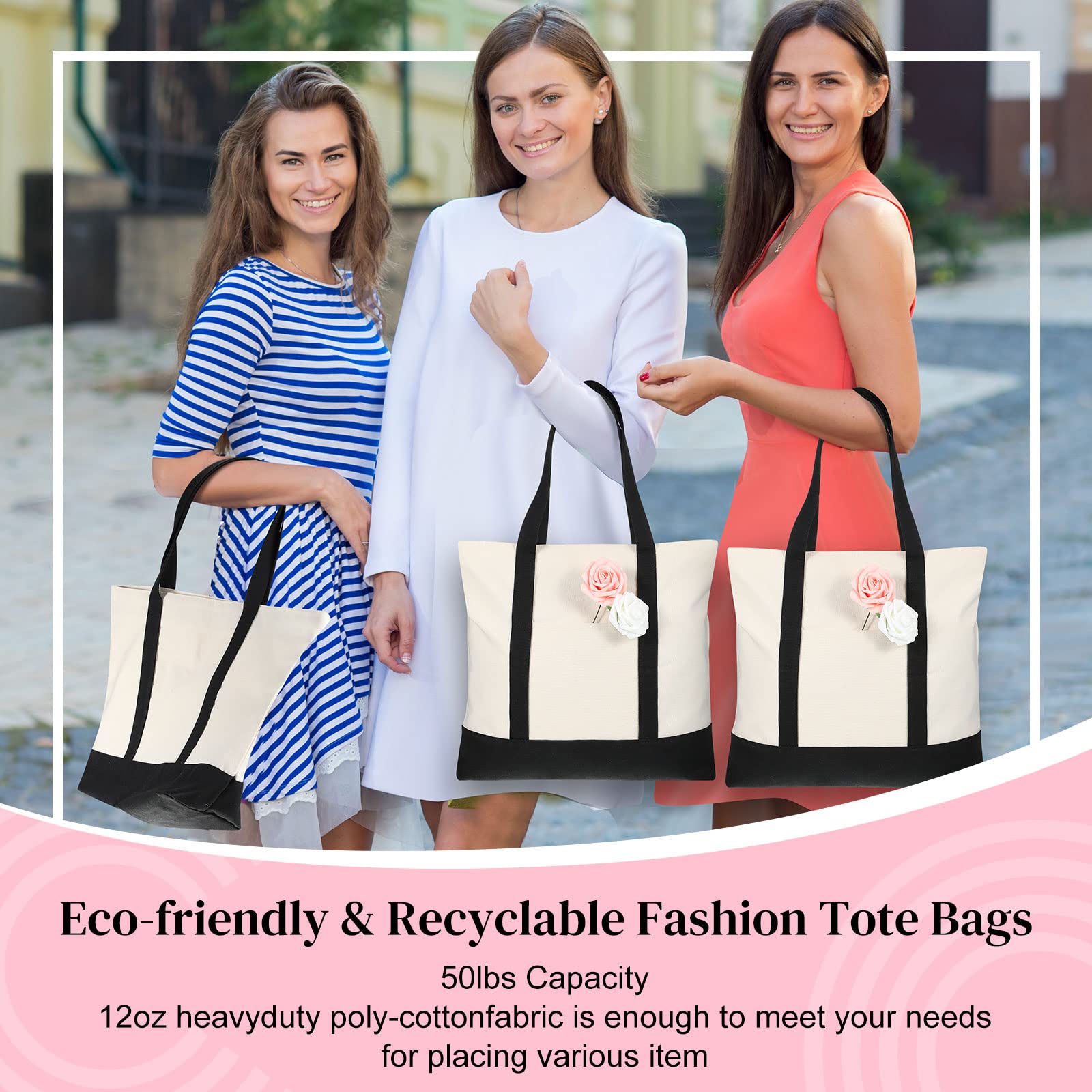 12 Pcs Canvas Tote Bag Bulk with Outer Pocket, 21 in Large Cotton Tote Beach Bags with Zipper Washable Shopping Bags (Black)