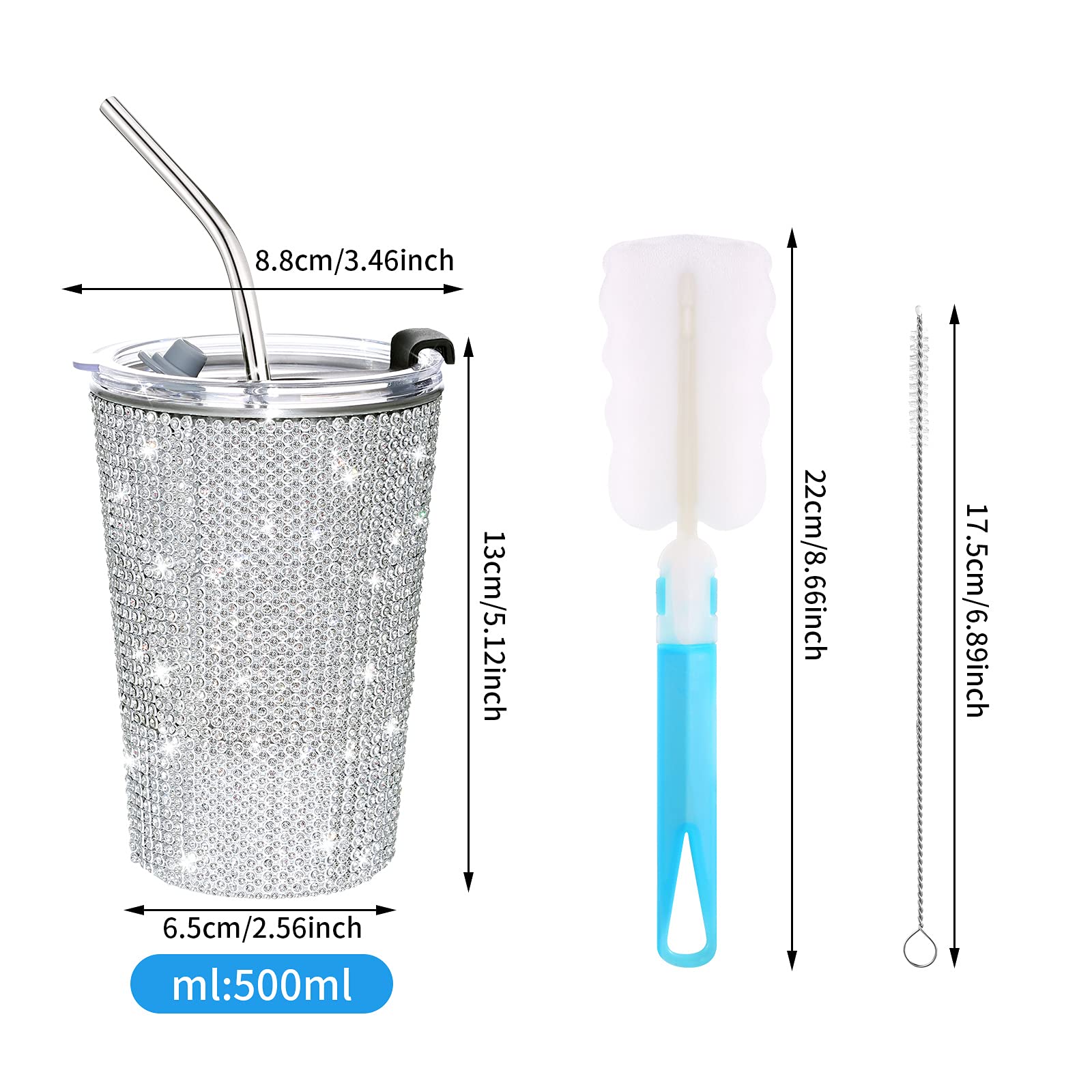 16 oz Bling Diamond Straw Cup Bling Rhinestone Stainless Steel Thermal Bottle Refillable Insulated Glitter Water Bottle 2 Pcs Blue Cup Brushes 6 Pcs Straw Brushes for Women Female Girls (Silver)