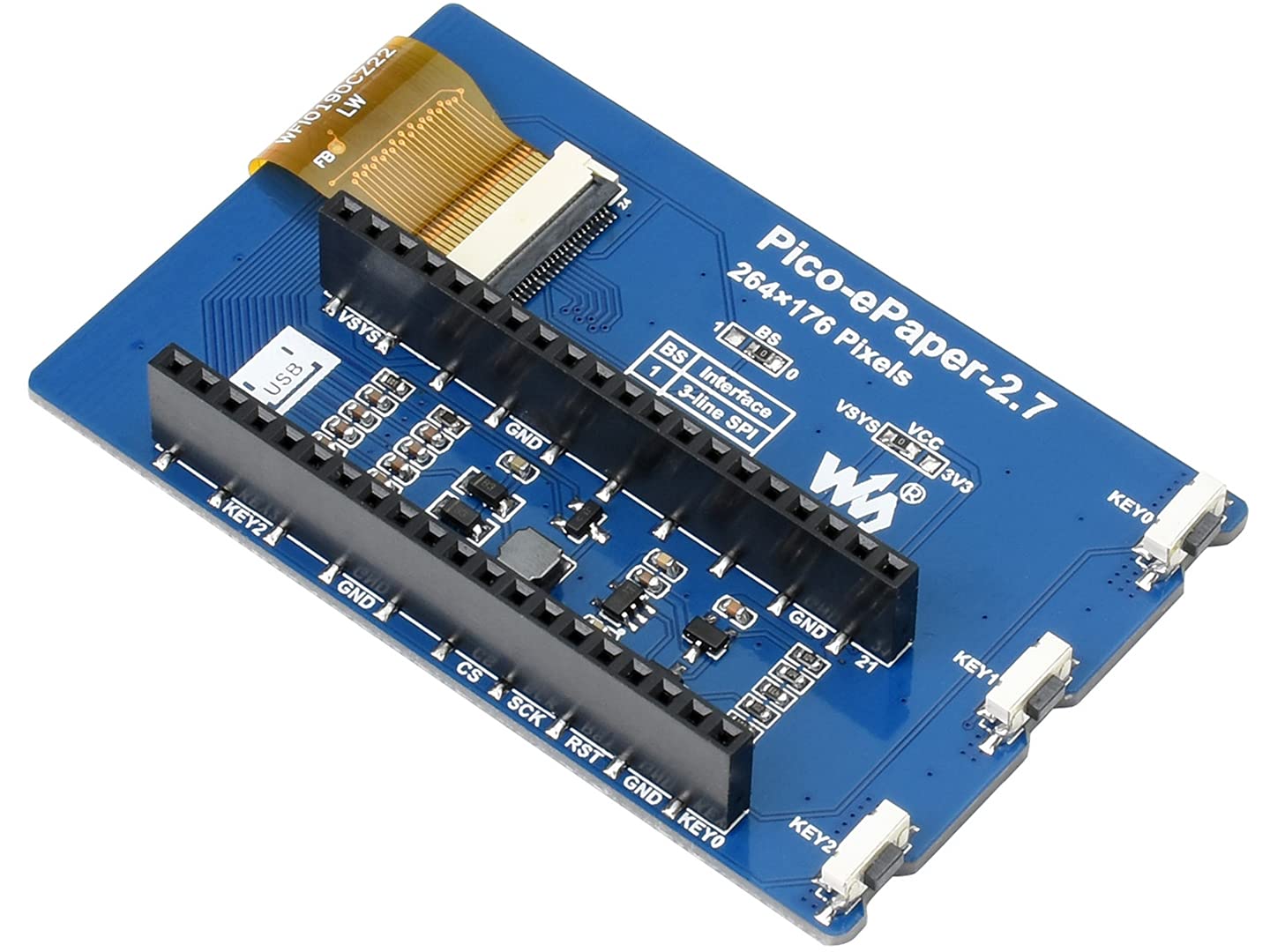 Waveshare 2.7inch E-Paper Display Module for Raspberry Pi Pico, 264×176 Resolution Black/White Two-Color E-Ink Screen, SPI Interface 4 Grayscale,with Three User Buttons for Easy Interacting