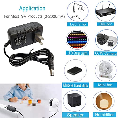 NC 9V 2000mA Power Supply 100-240V AC to 9Volt DC 2A Switching Supply Power Adapter 5.5 X2.52.1mm US Plug AC Adapter Transformer Wall Adapter, Black